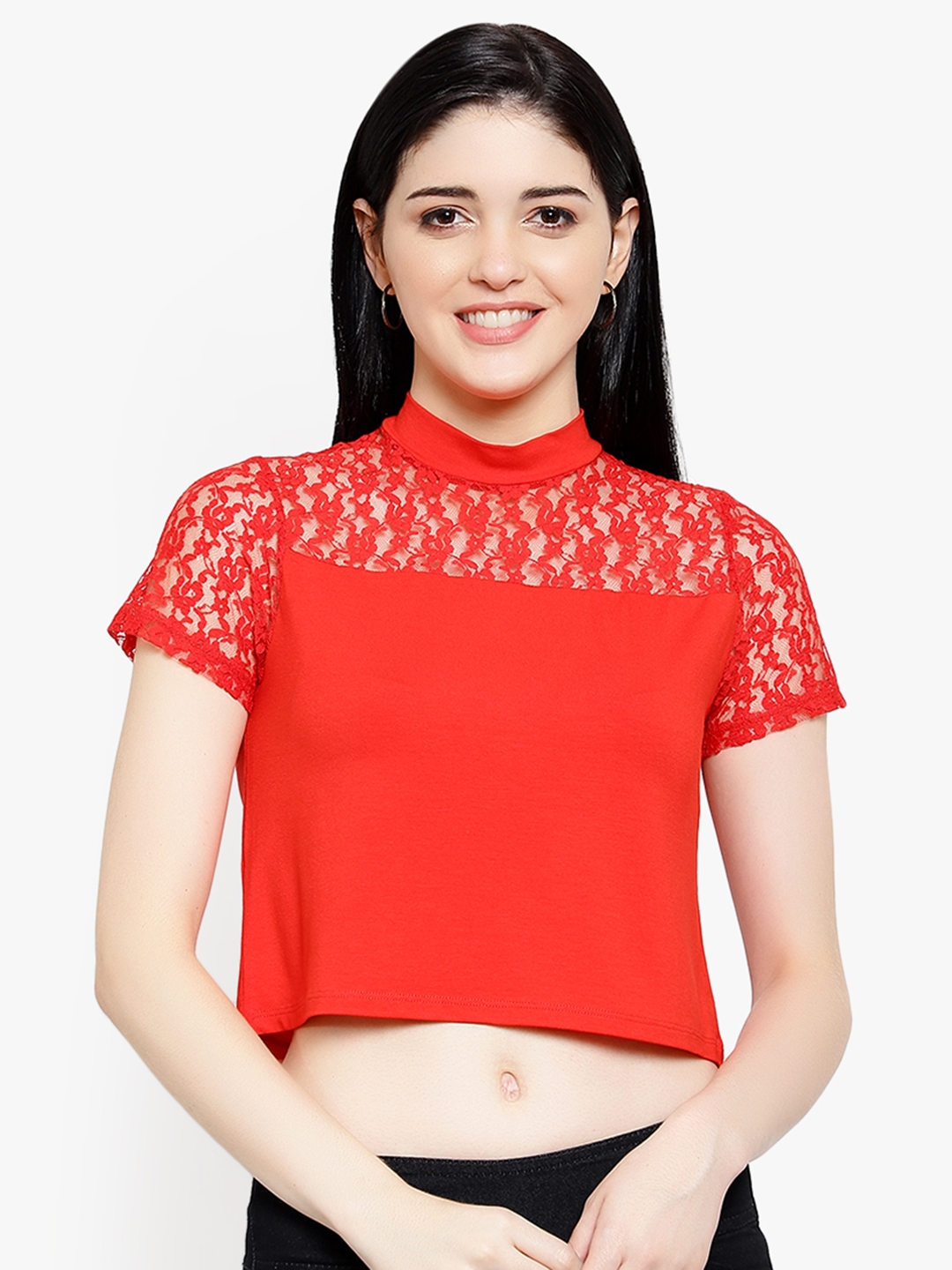 Buy Le Bourgeois Women Red Self Design Crop Pure Cotton Top Tops For