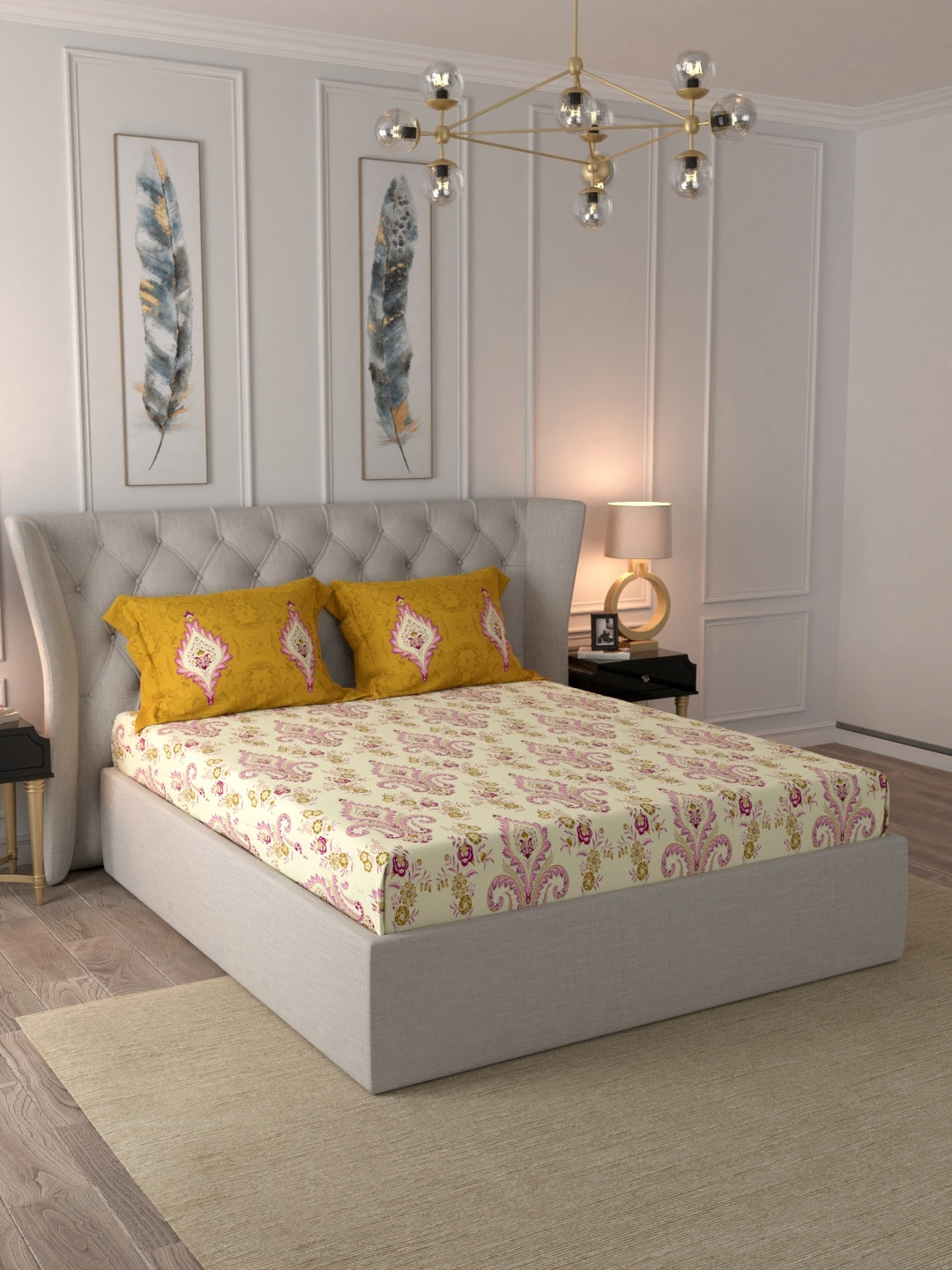 Buy URBAN SPACE Cream & Magenta Ethnic 180 TC Cotton 1 Queen Bedsheet ...