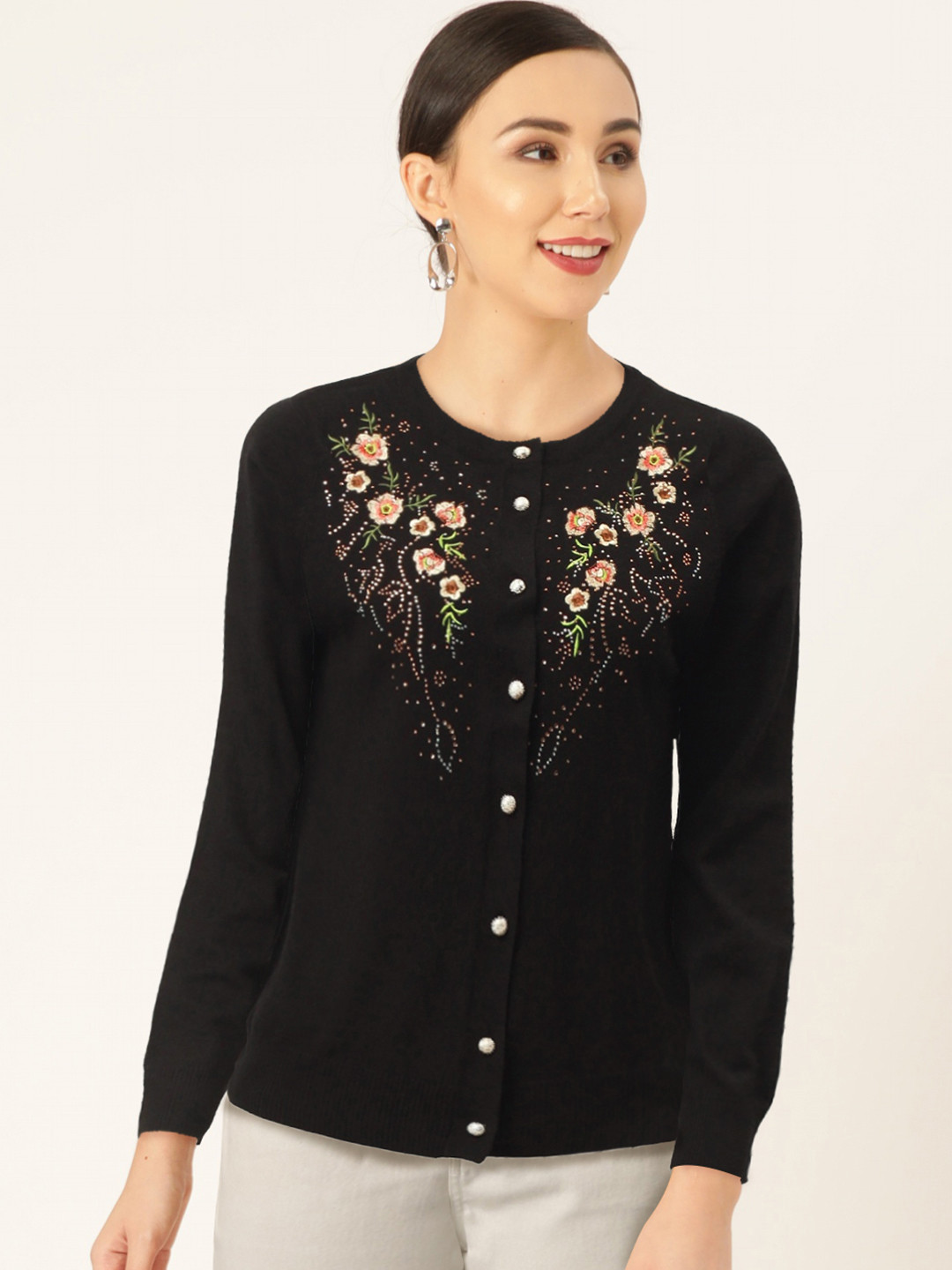 Buy Madame Women Black Embroidered Cardigan - Sweaters for Women ...