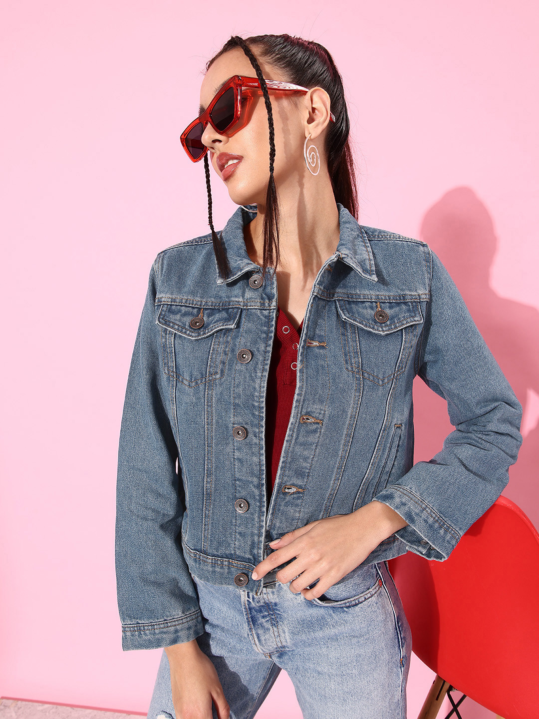 Buy The Roadster Life Co. Pure Cotton Solid Denim Trucker Jacket ...