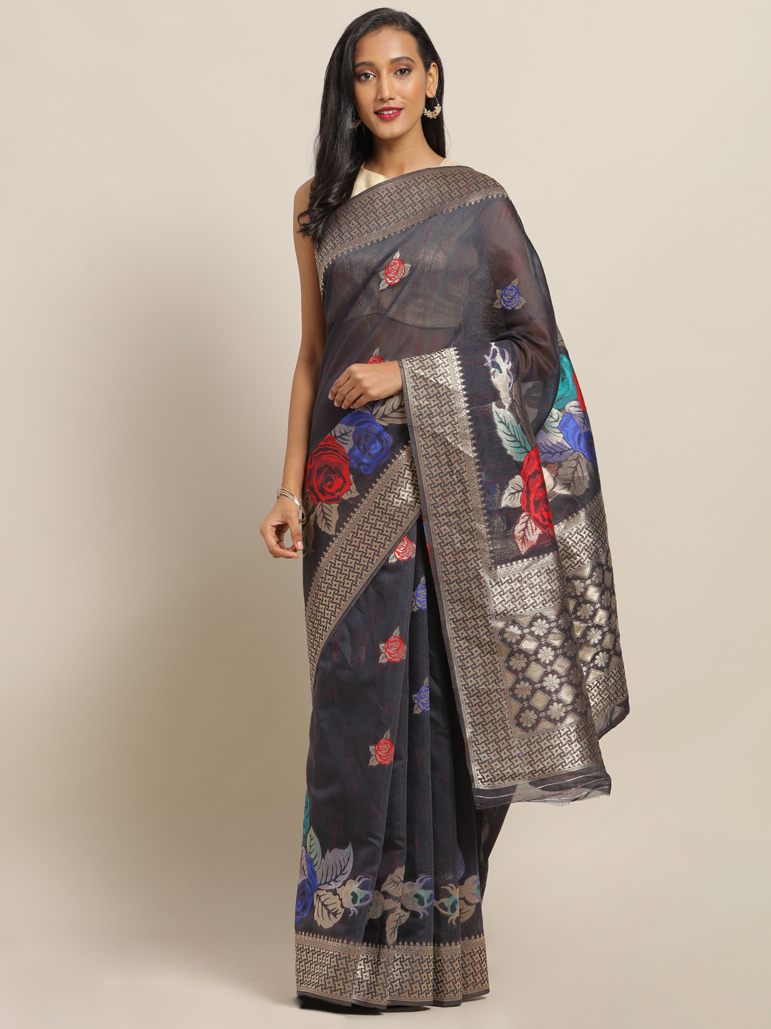 Buy Saree Mall Black Linen Blend Woven Design Banarasi Saree - Sarees ...