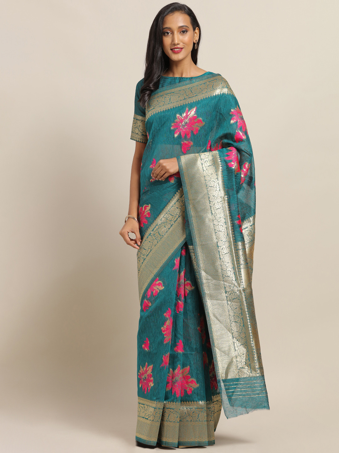 Buy Saree Mall Teal Linen Blend Woven Design Banarasi Saree - Sarees ...