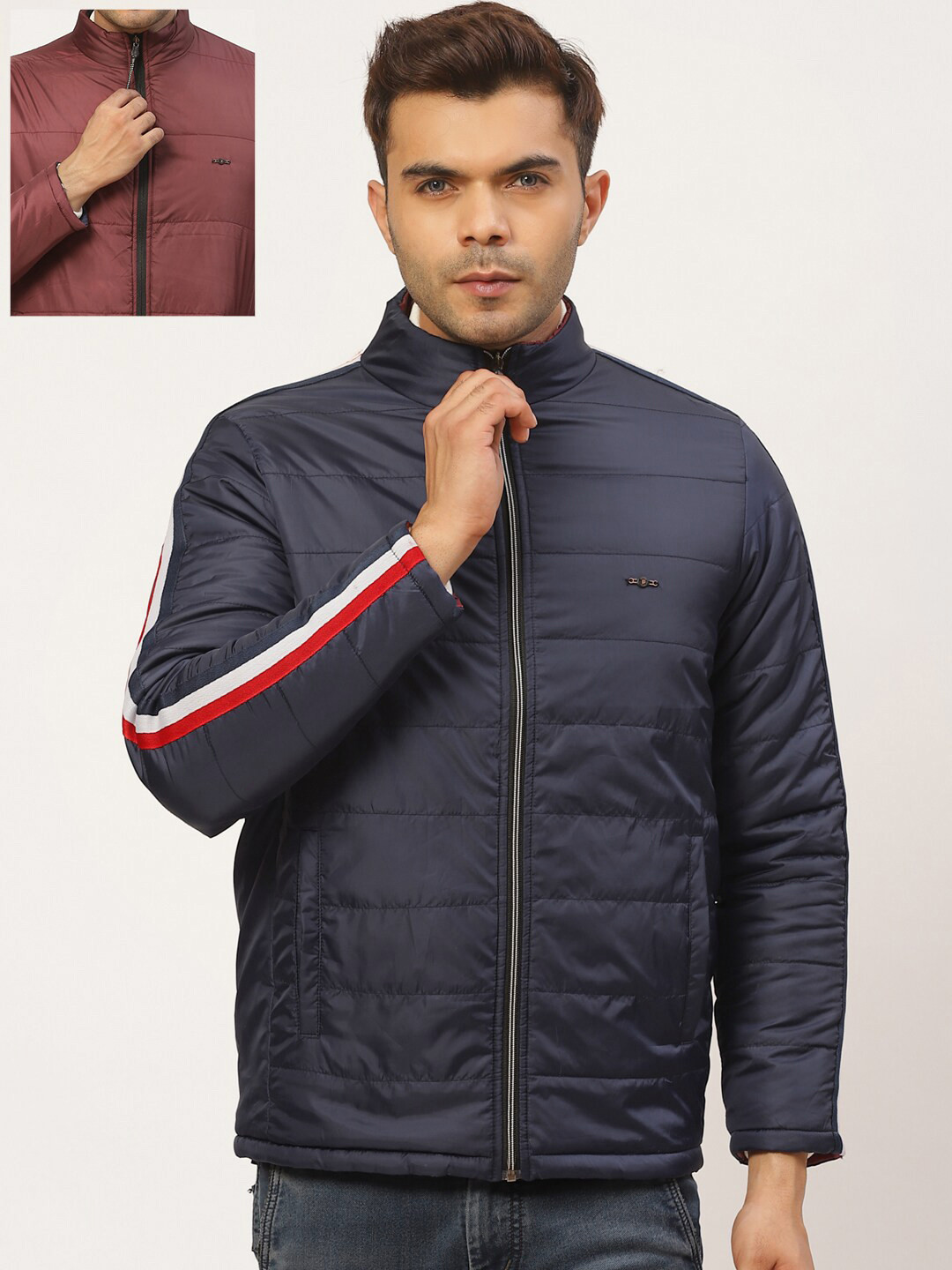 Buy Pierre Carlo Men Navy Blue & Maroon Solid Reversible Padded Jacket ...