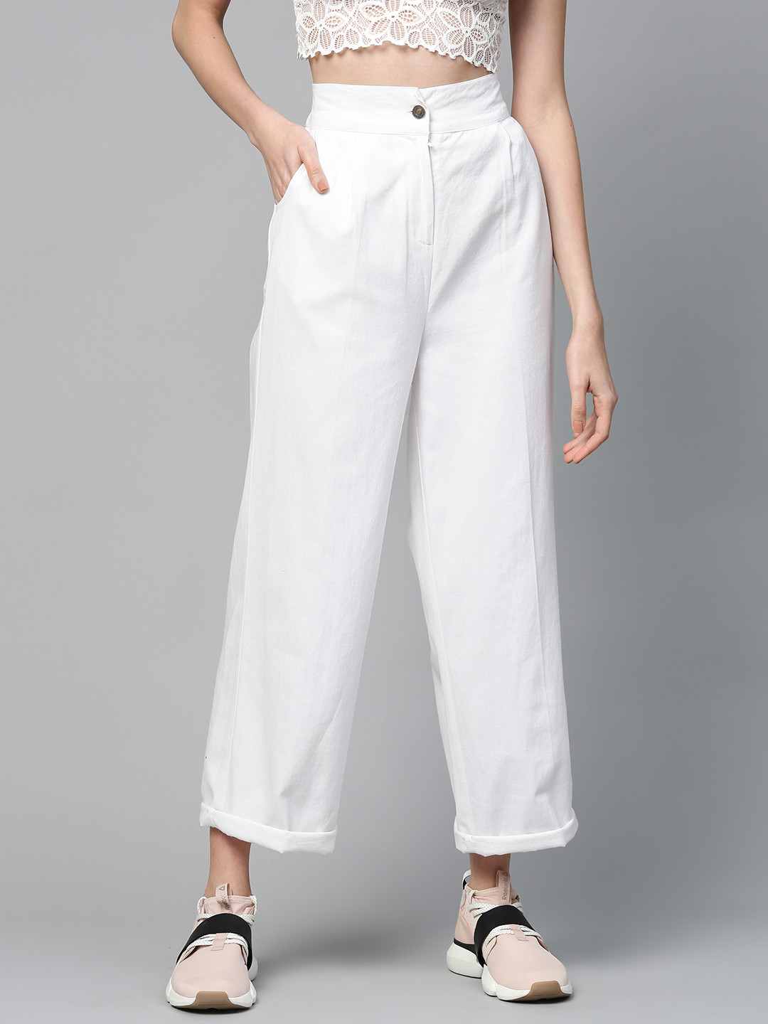 Buy SASSAFRAS Women White Twill Parallel Trousers - Trousers for Women ...