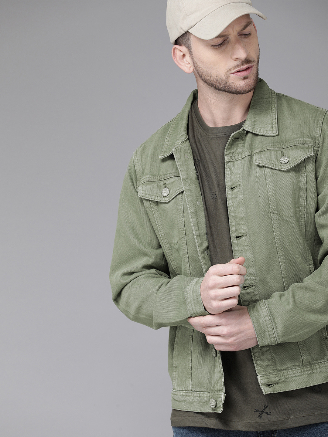 Buy Roadster Men Olive Green Solid Denim Jacket - Jackets for Men ...