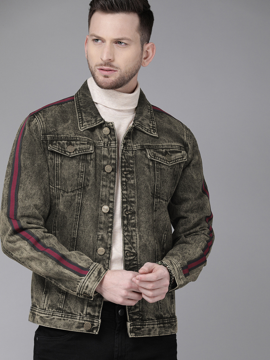Buy Roadster Men Grey Washed Denim Jacket With Striped Detailing ...