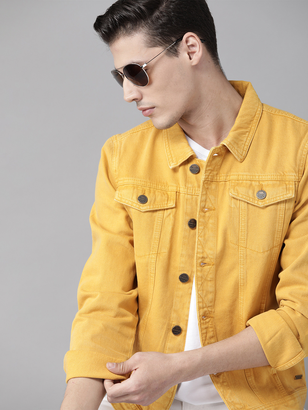 Buy Roadster Men Yellow Solid Denim Jacket - Jackets for Men 12288692 ...