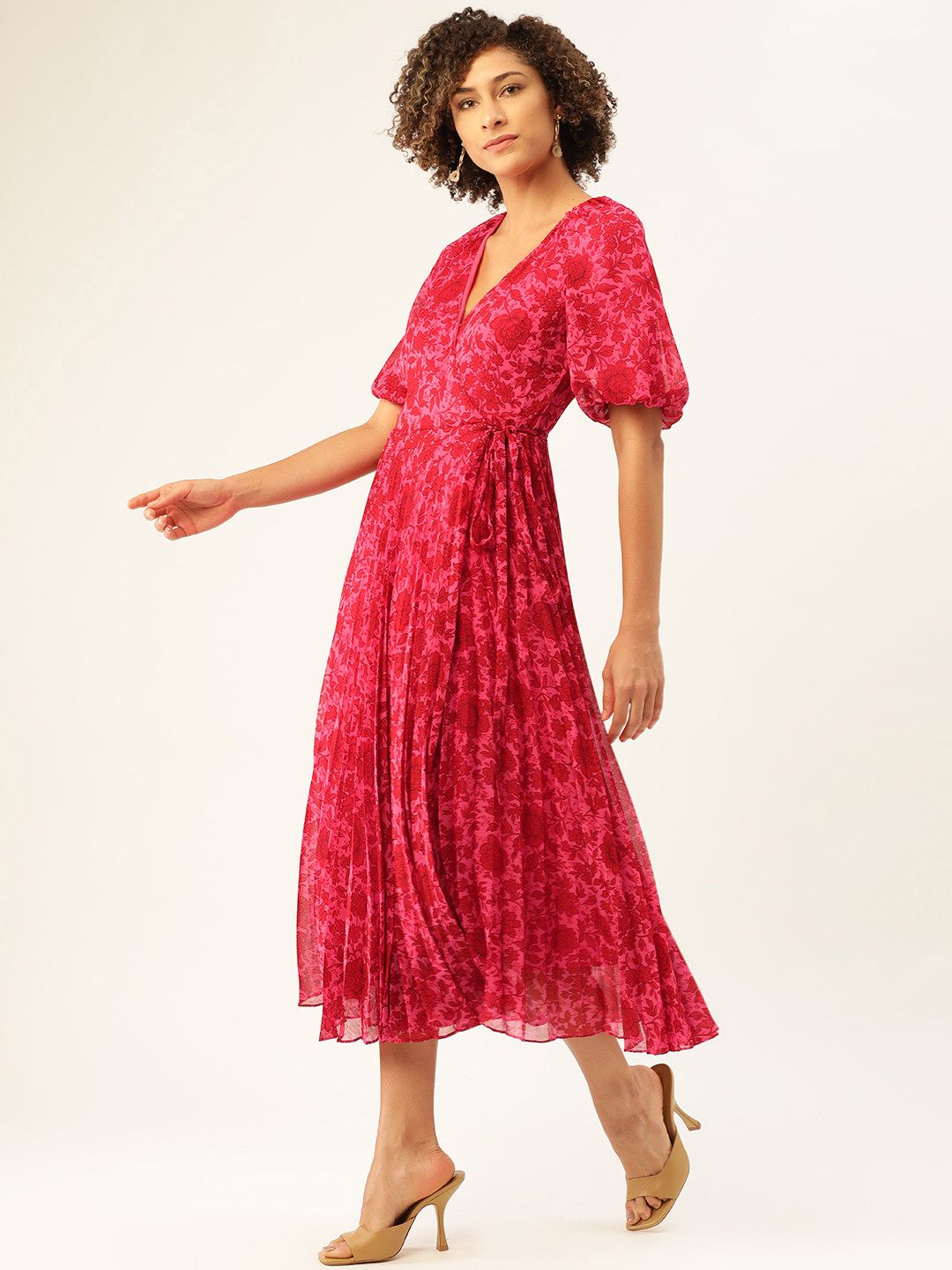 Buy MANGO Women Pink & Red Floral Print Accordion Pleated Wrap Dress ...