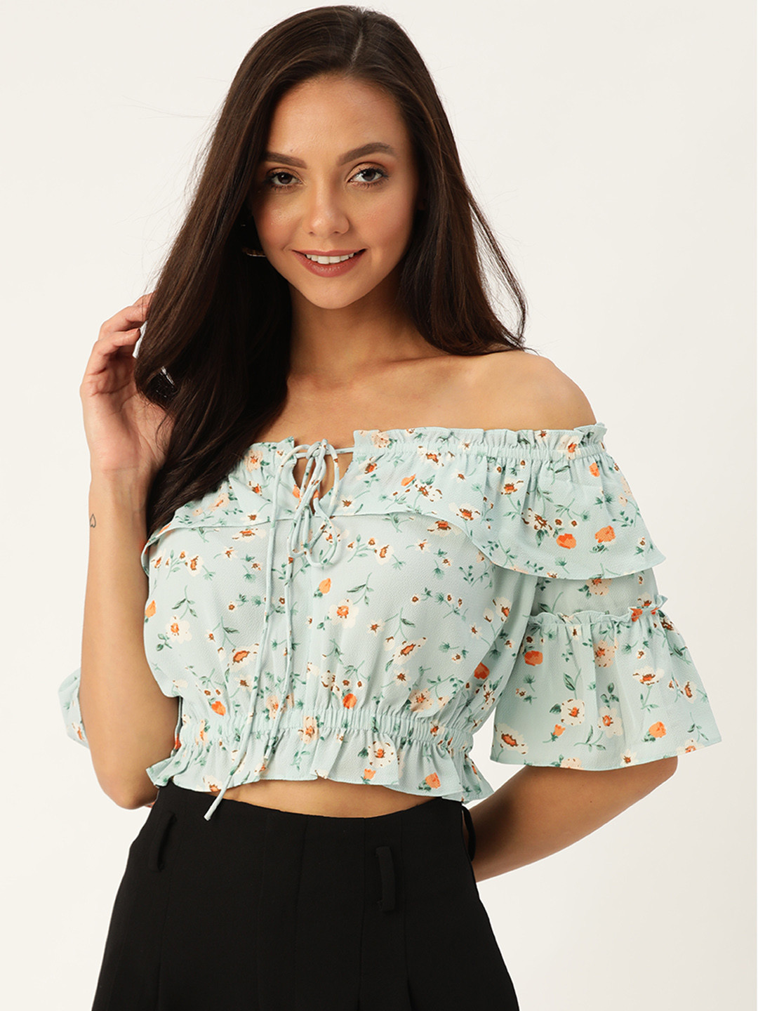 Buy 20Dresses Women Blue Floral Print Crop Bardot Top - Tops for Women ...