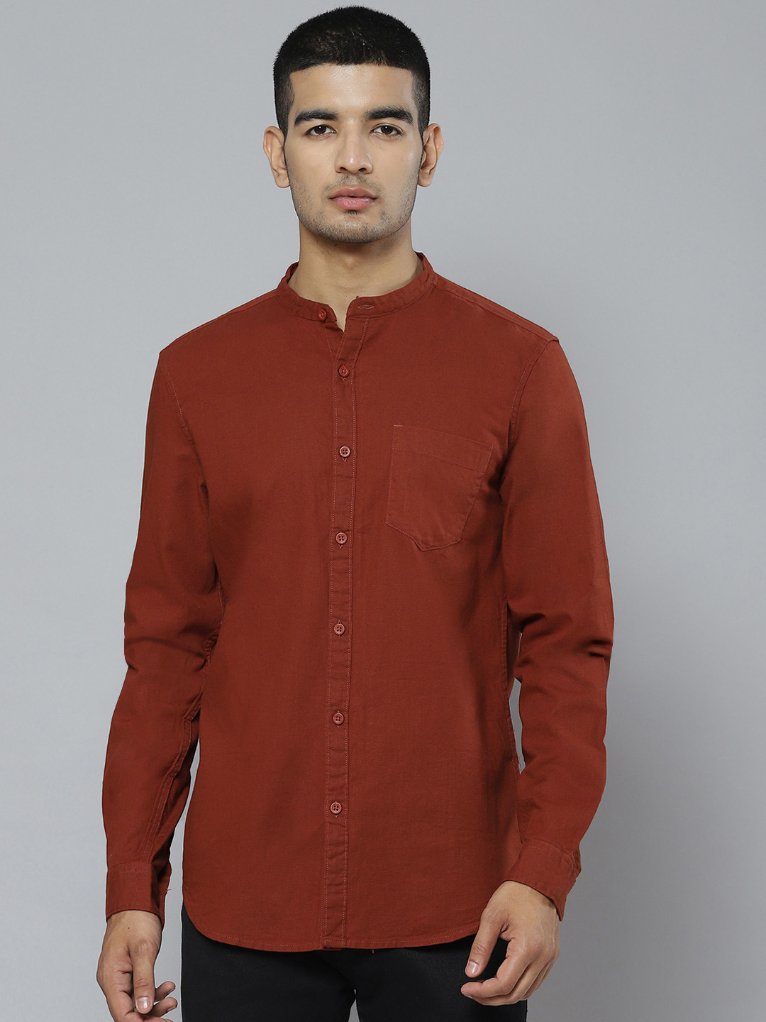 Buy HIGHLANDER Men Rust Red Cotton Linen Mandarin Collar Casual Shirt ...