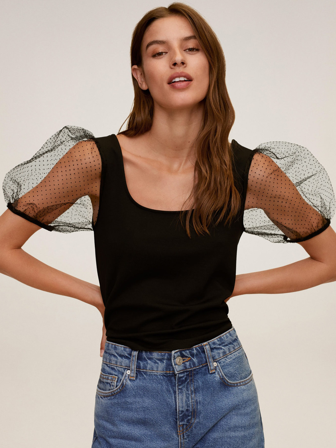 Buy MANGO Women Black Solid Puff Sleeves Top - Tops for Women 12300218 ...