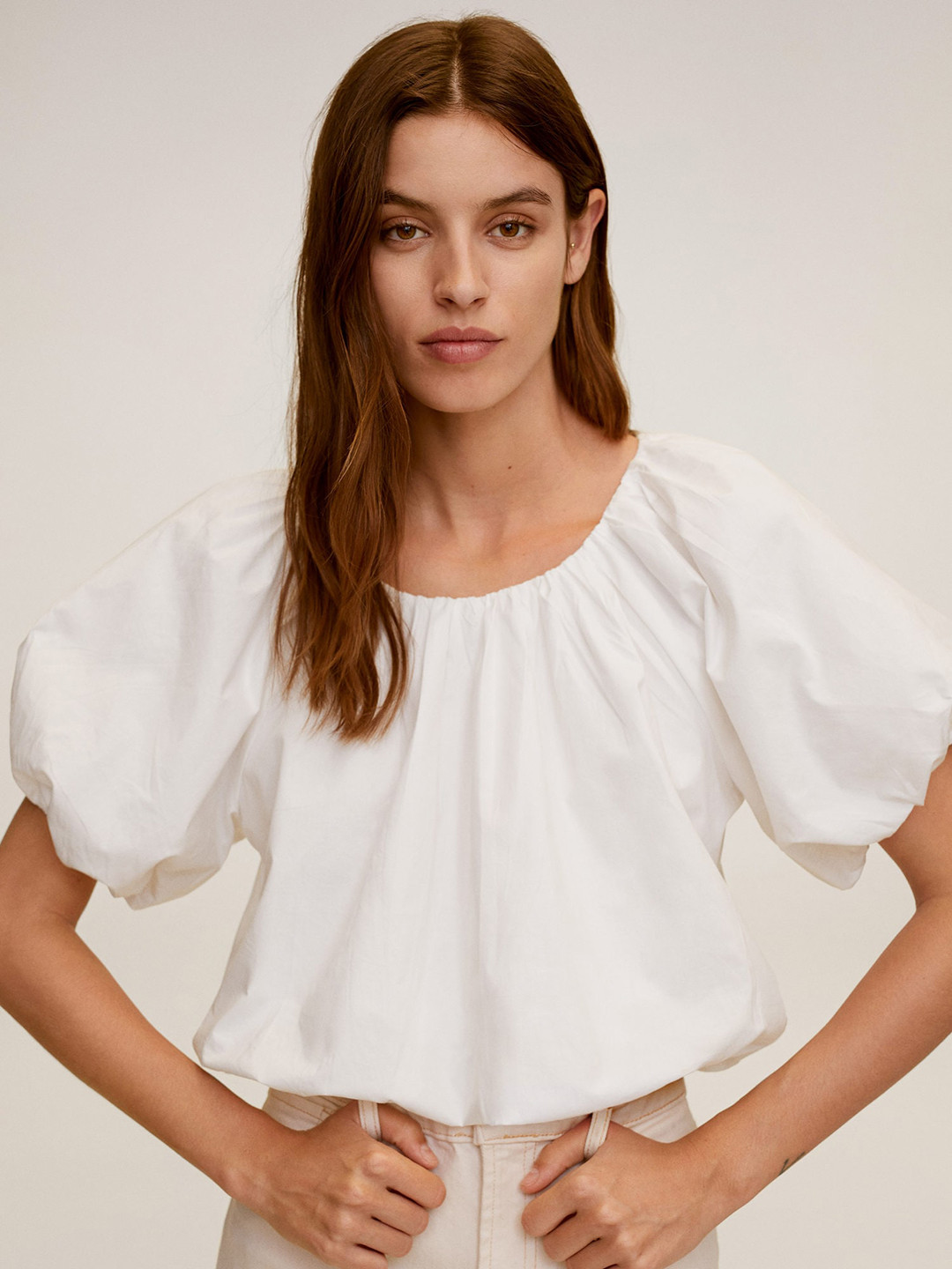 Buy MANGO Women White Solid Pure Cotton Top - Tops for Women 12300388 ...