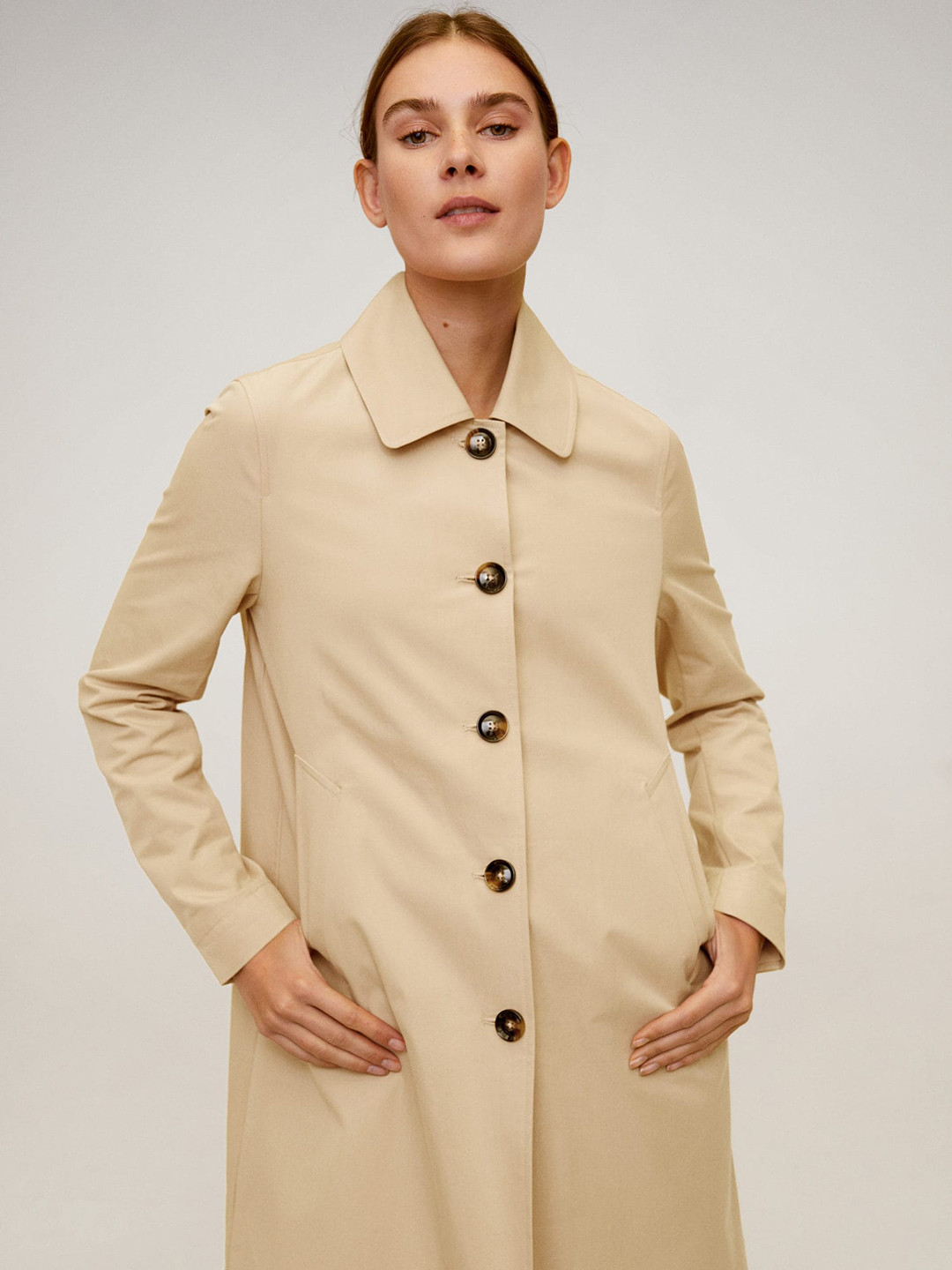 Buy MANGO Women Beige Solid Longline Trenchcoat - Coats for Women ...