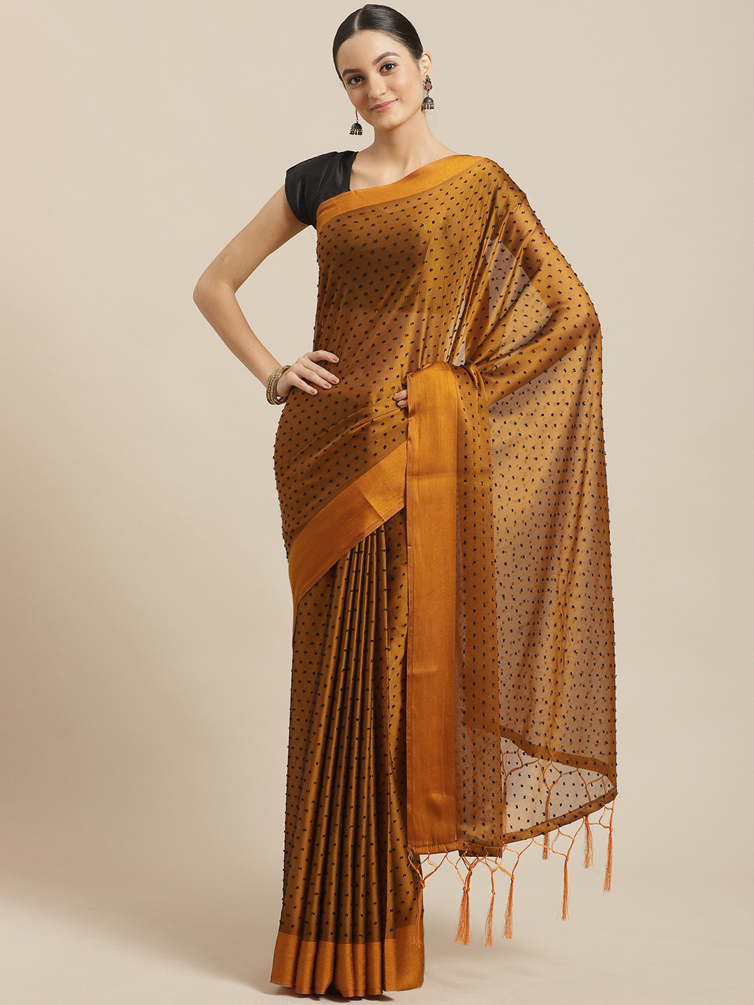 Buy Saree Mall Rust Orange & Black Dobby Weave Saree - Sarees for Women ...