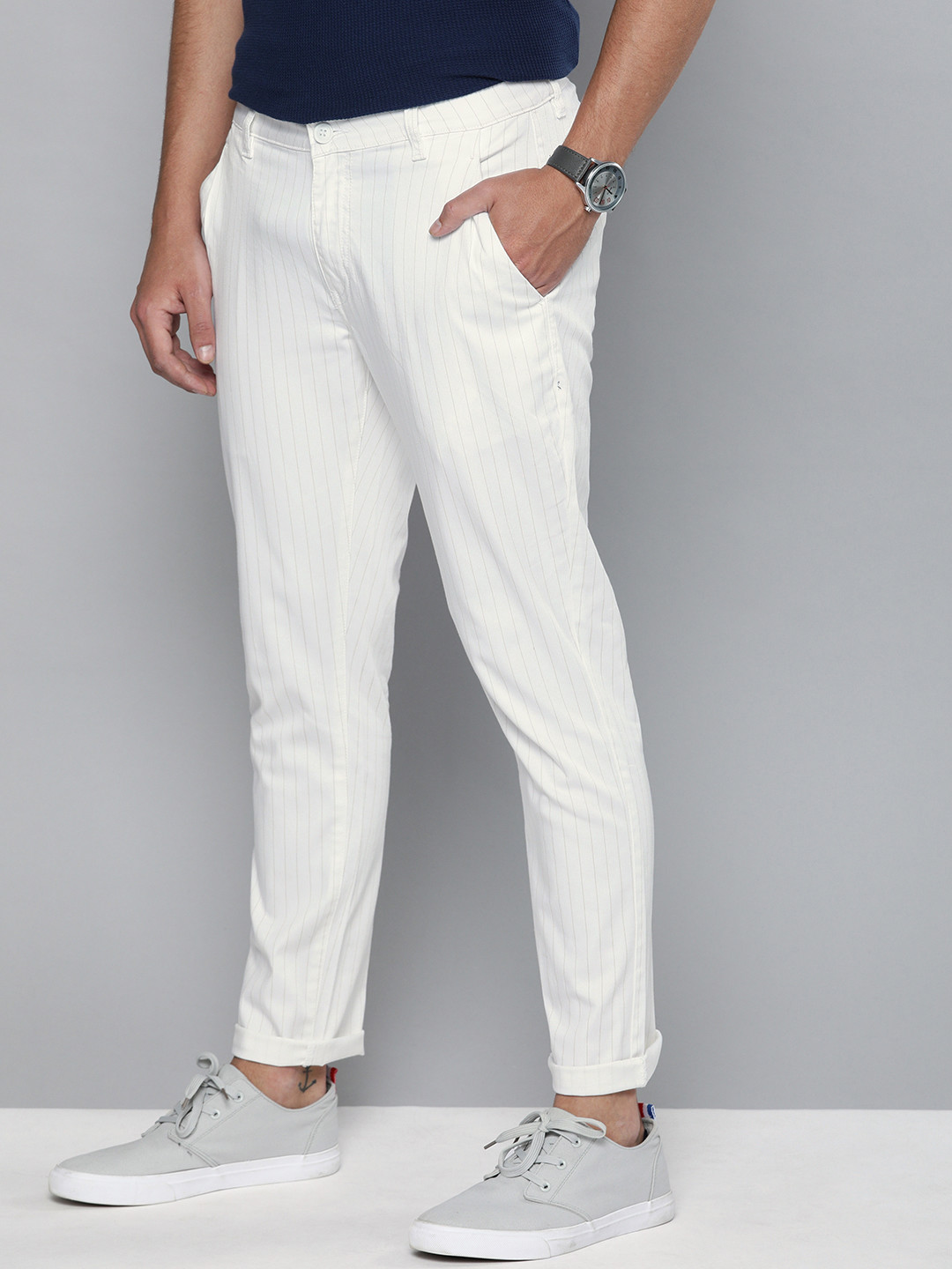 Buy Mast & Harbour Men White & Grey Slim Fit Striped Chinos - Trousers ...