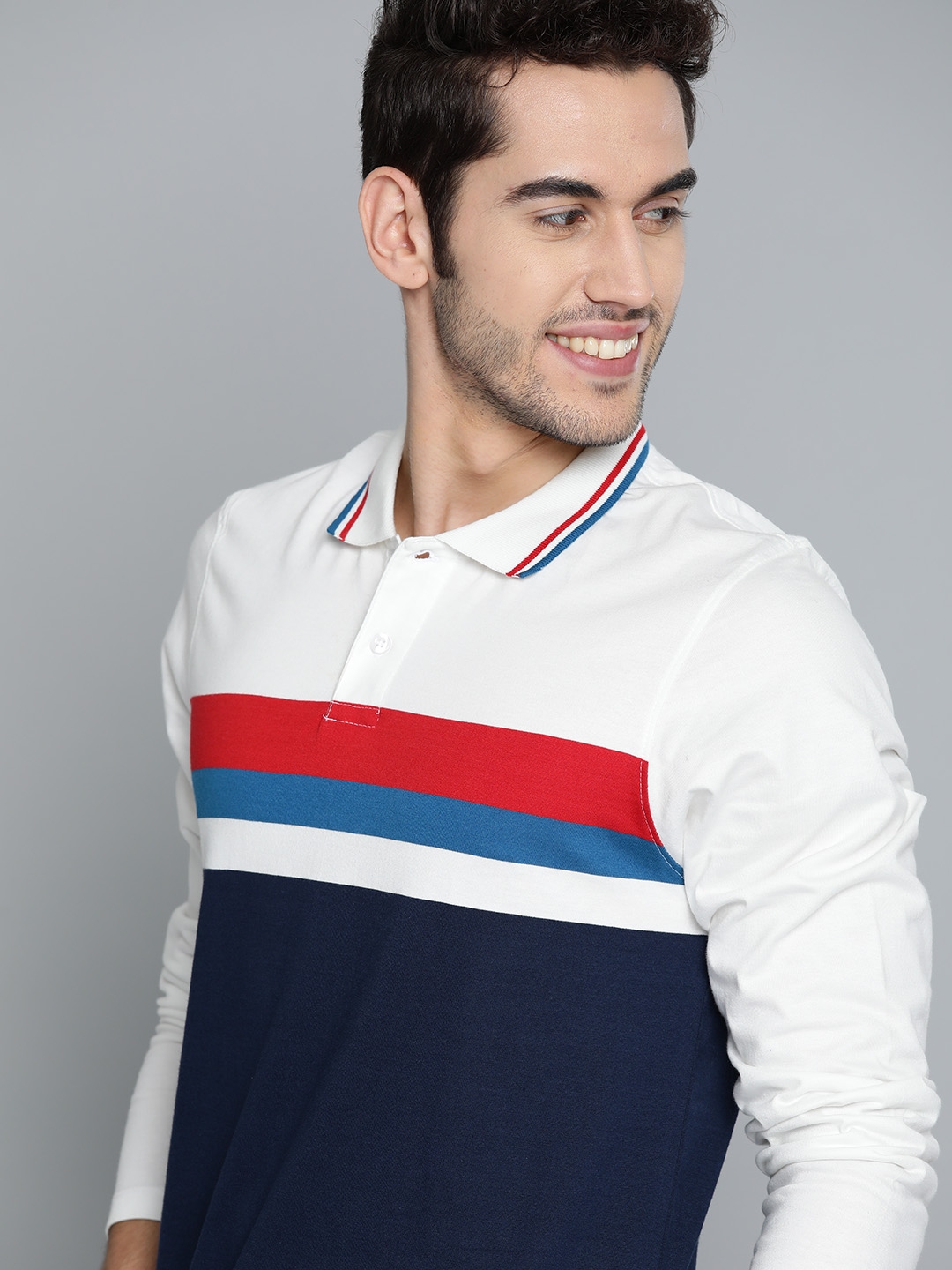 Buy Mast Harbour Men White Navy Blue Colourblocked Polo Collar Pure