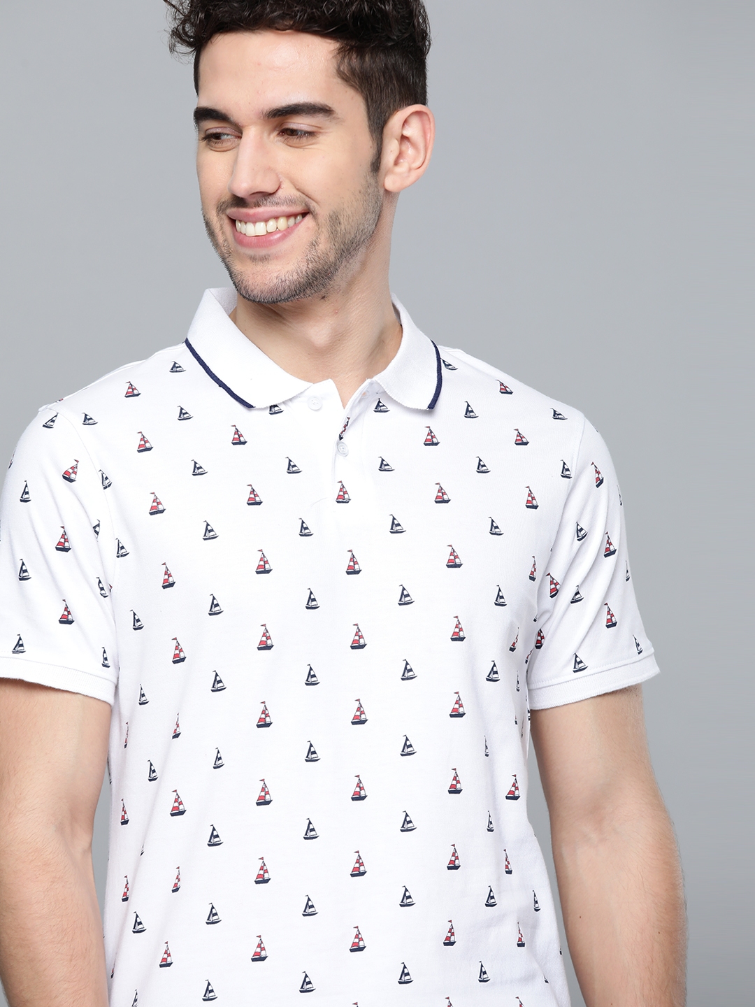 Buy Mast Harbour Men White Navy Blue Pure Cotton Nautical Printed Polo