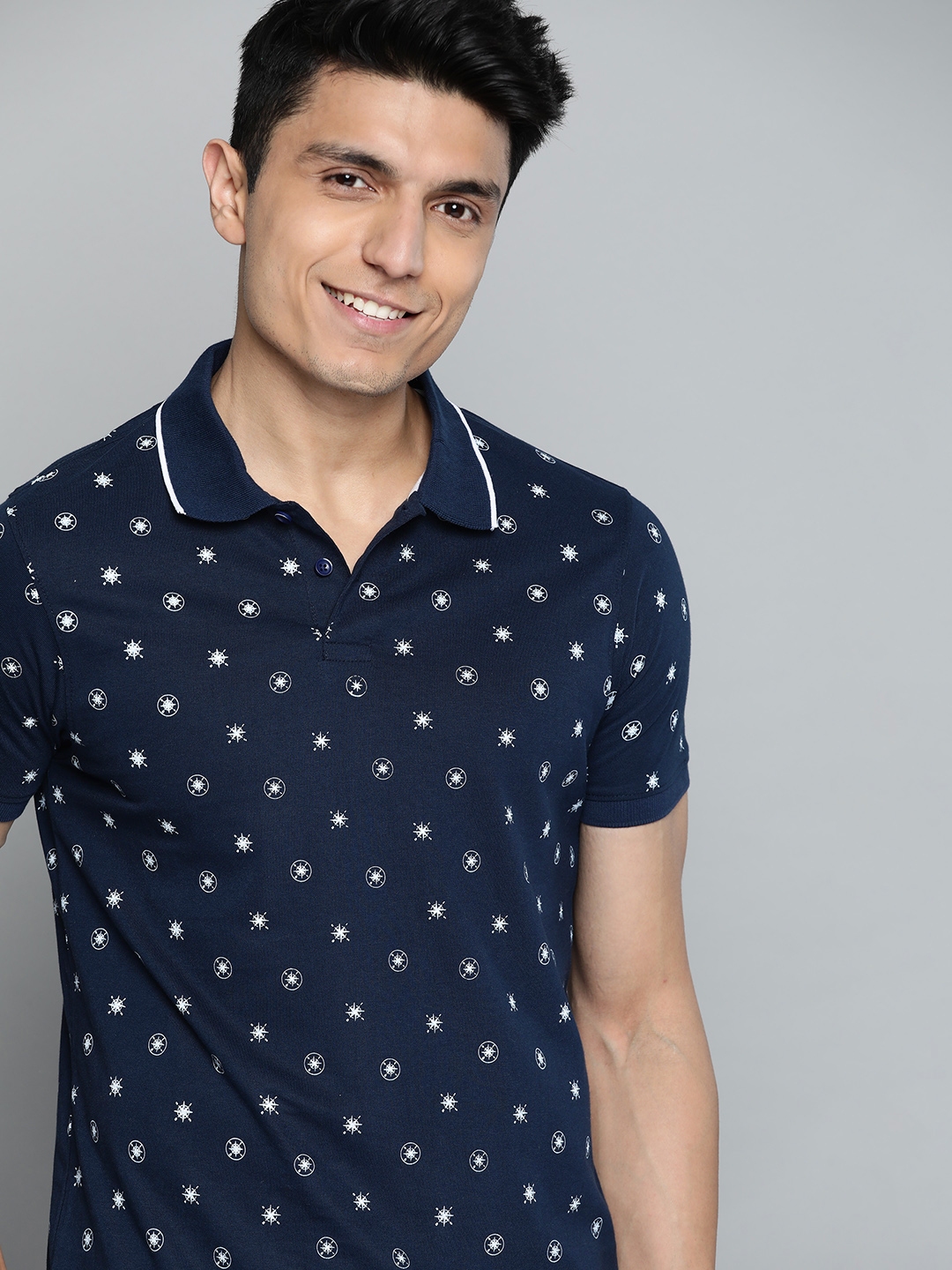 Buy Mast Harbour Men Navy Blue White Pure Cotton Compass Printed Polo