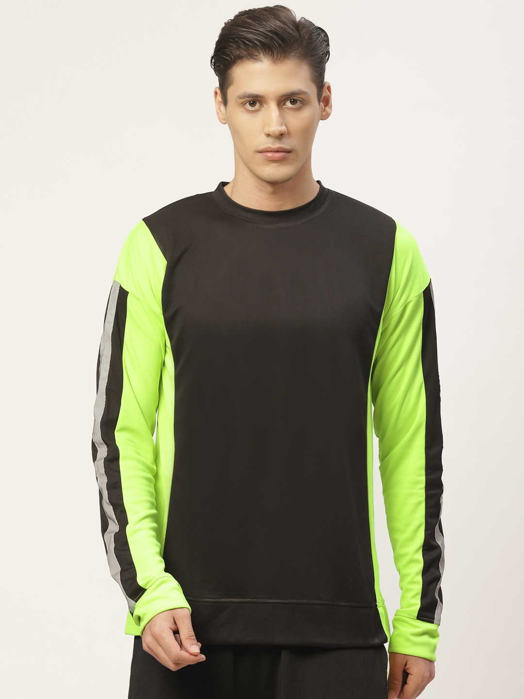 Buy PAUSE SPORT Men Black & Fluorescent Green Colourblocked Round Neck ... Buy PAUSE SPORT Men Black & Fluorescent Green Colourblocked Round Neck ...
