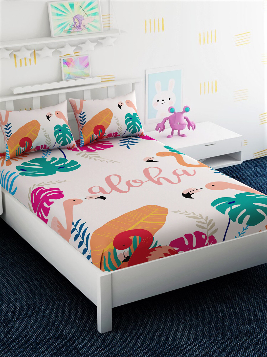 Buy EverHOME Multicolored Cotton Flat 210 TC King Size Bedsheet With 2 ...