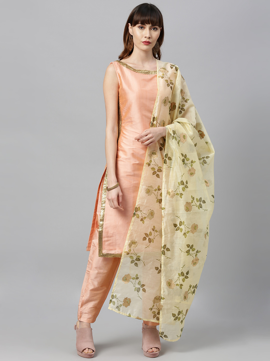 Buy Ethnovog Women Peach Coloured Solid Sequinned Made To Measure Kurta ...