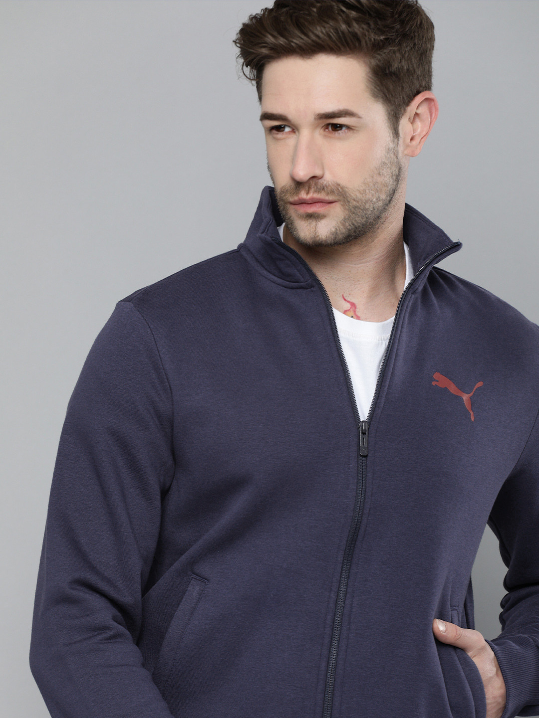 Buy Puma Men Navy Blue & Red Printed Knitted Jacket - Jackets for Men ...