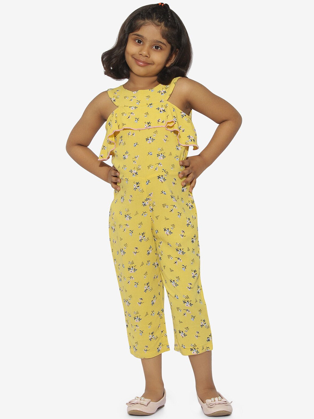 Buy Stylo Bug Girls Yellow & Green Floral Printed Basic Jumpsuit ...