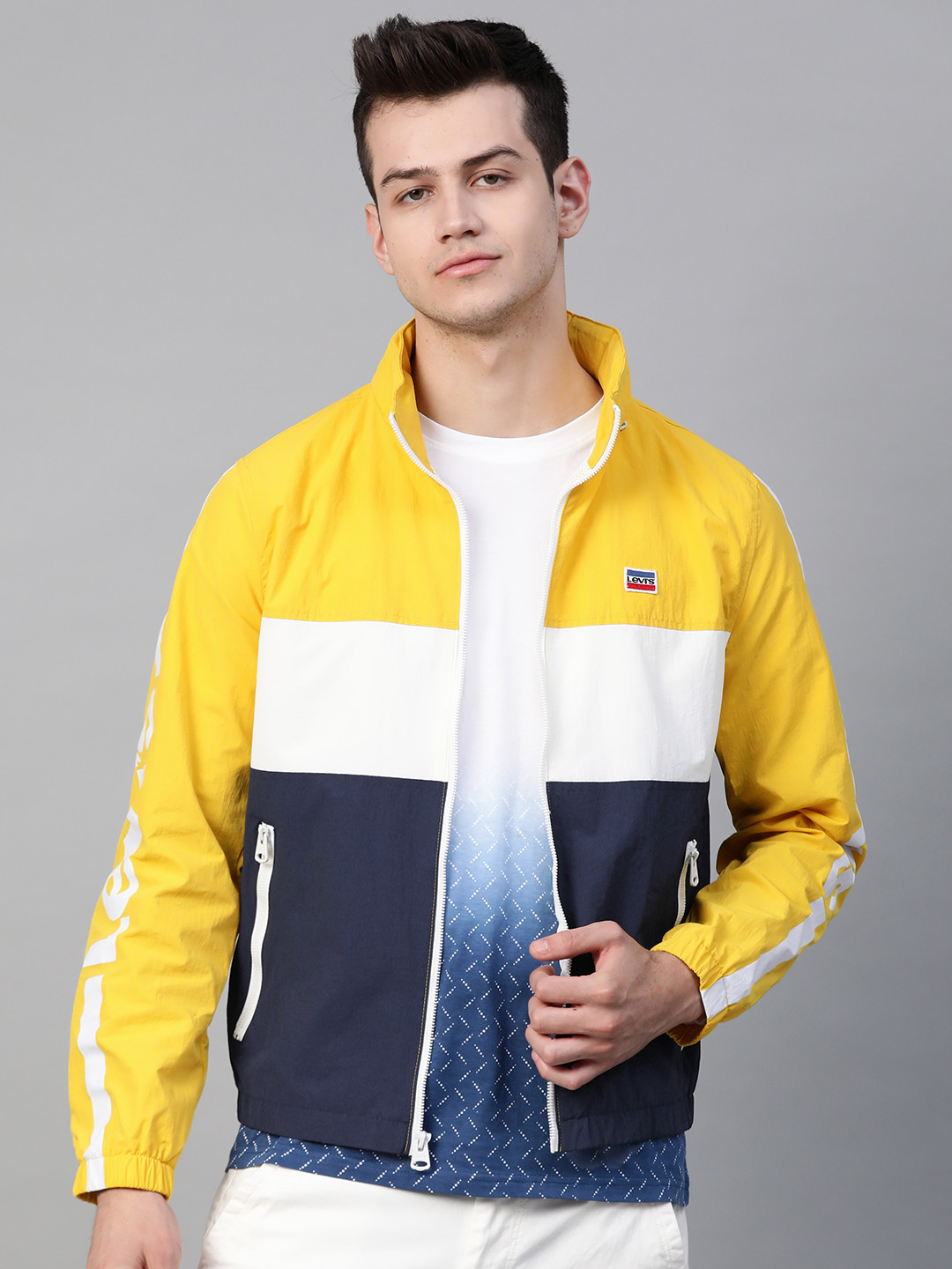 Buy Levis Men Yellow & White Hooded Colourblocked Tailored Jacket ...