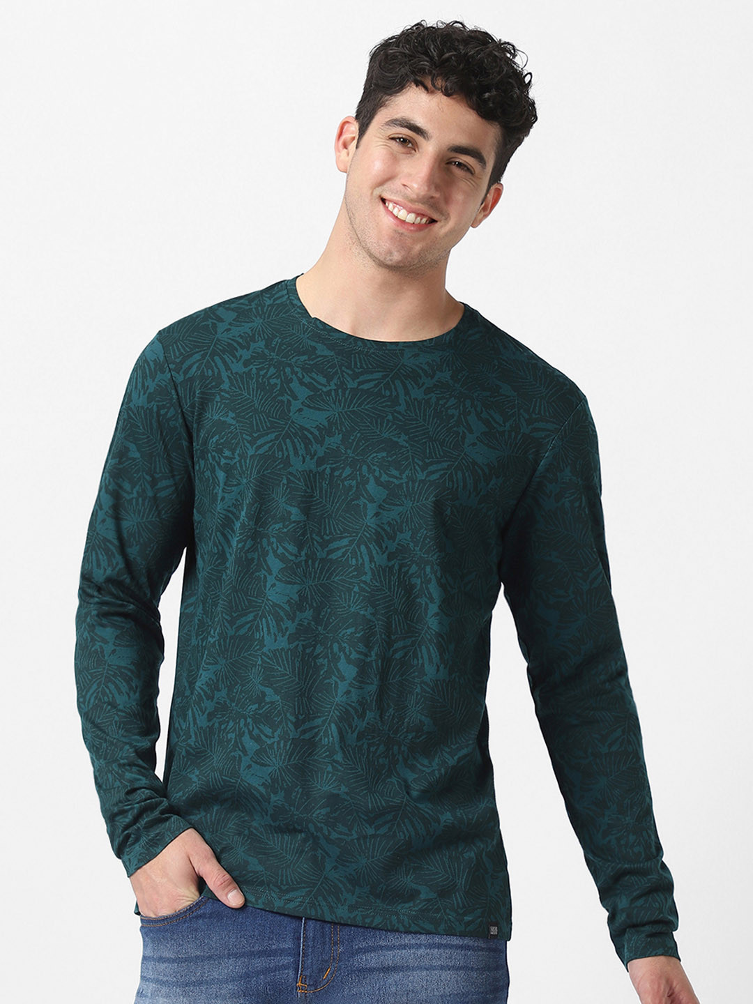 Buy Urbano Fashion Men Teal Green Slim Fit Tropical Printed Pure Cotton ...