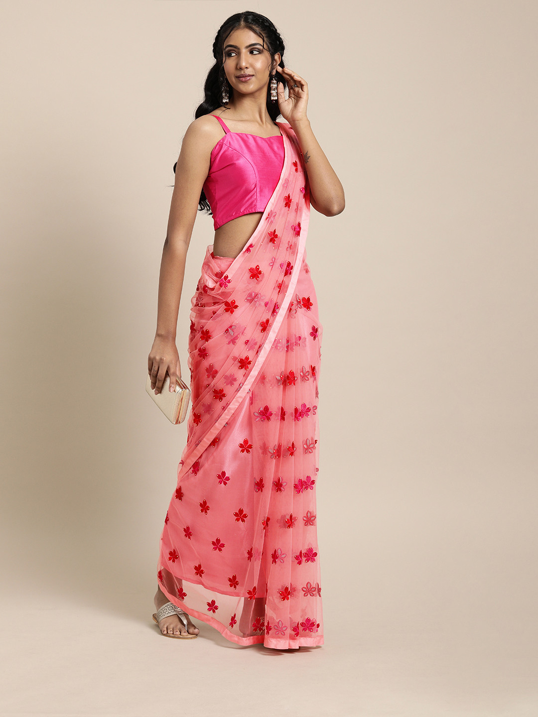 Buy Inddus Pink Embroidered Net Saree - Sarees for Women 12386574 | Myntra