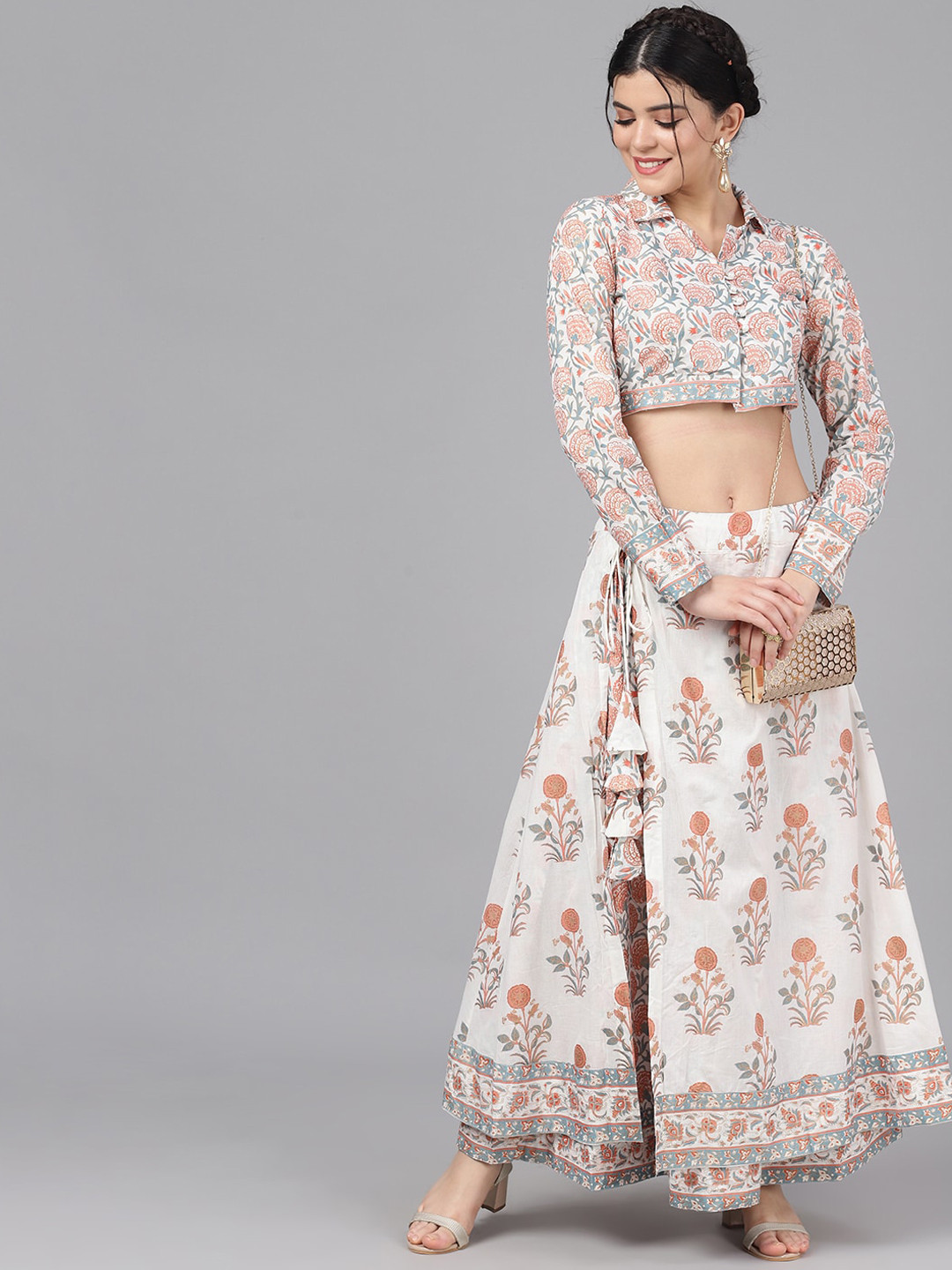 Buy AKS Women Off White & Peach Coloured Printed Shirt With Skirt - Co ...