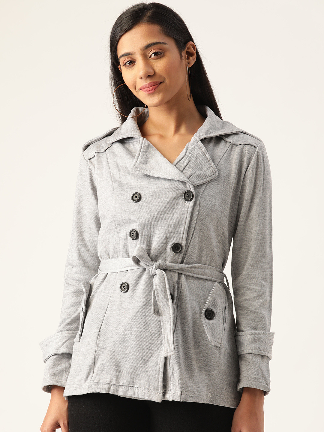 Buy Belle Fille Women Grey Melange Solid Trench Coat - Coats for Women ...