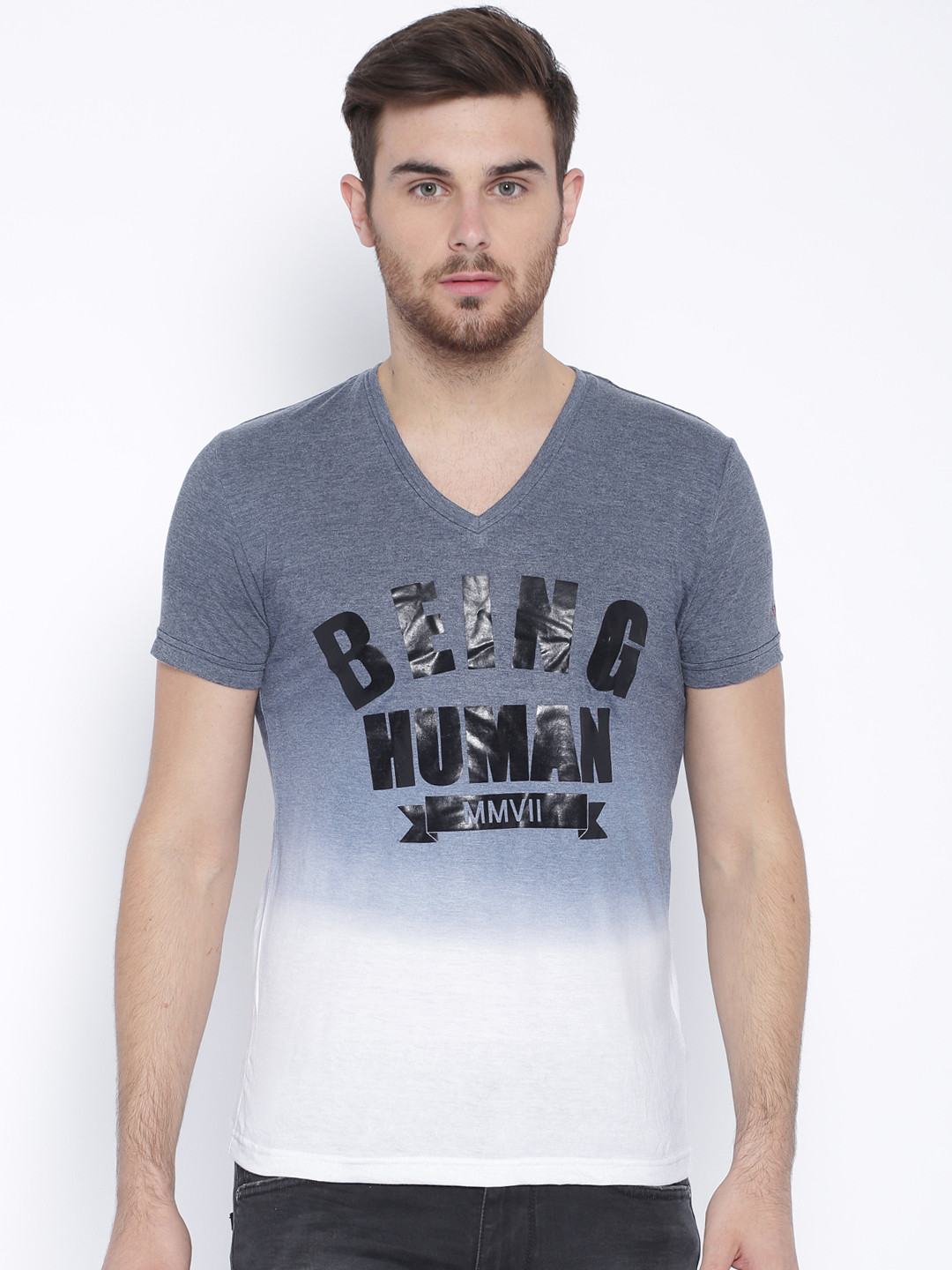 Buy Being Human Clothing Navy Melange & White Ombre Dyed Printed T ...