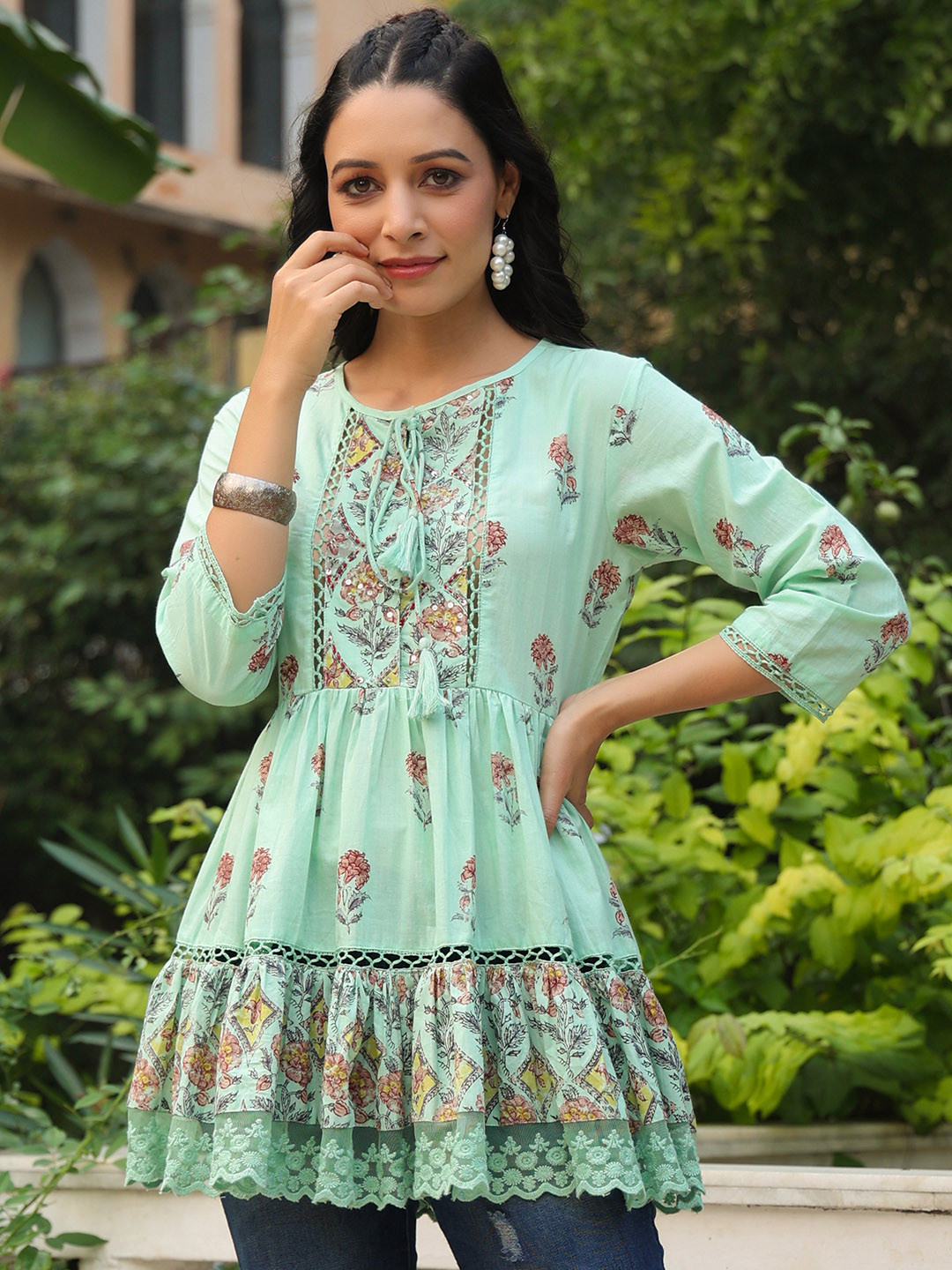 Buy Juniper Green & Beige Sequinned Detail Floral Print A Line Pure ...