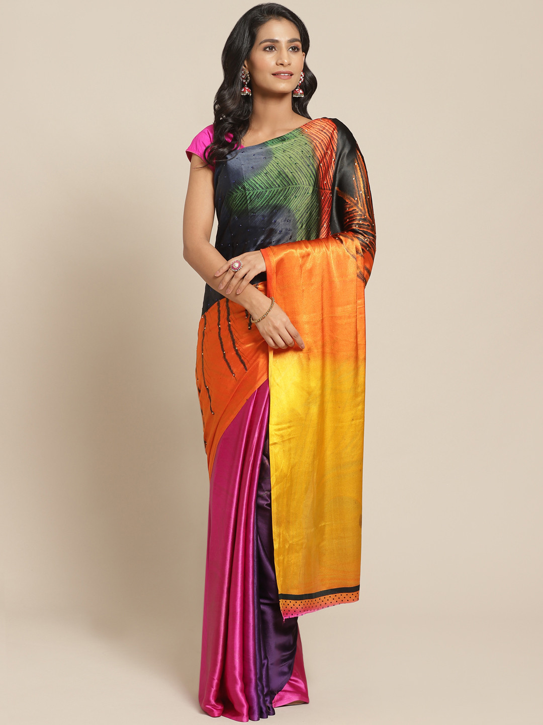 Buy Pisara Multicoloured Satin Silk Morpankhi Print Saree - Sarees for ...