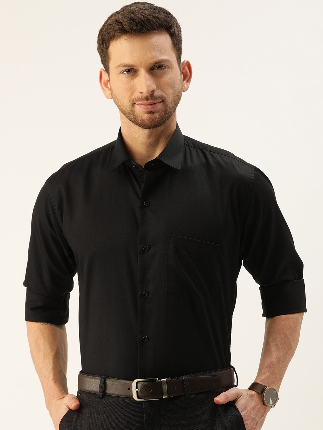 Buy Hancock Men Black Slim Fit Solid Wrinkle Free Formal Shirt - Shirts ...