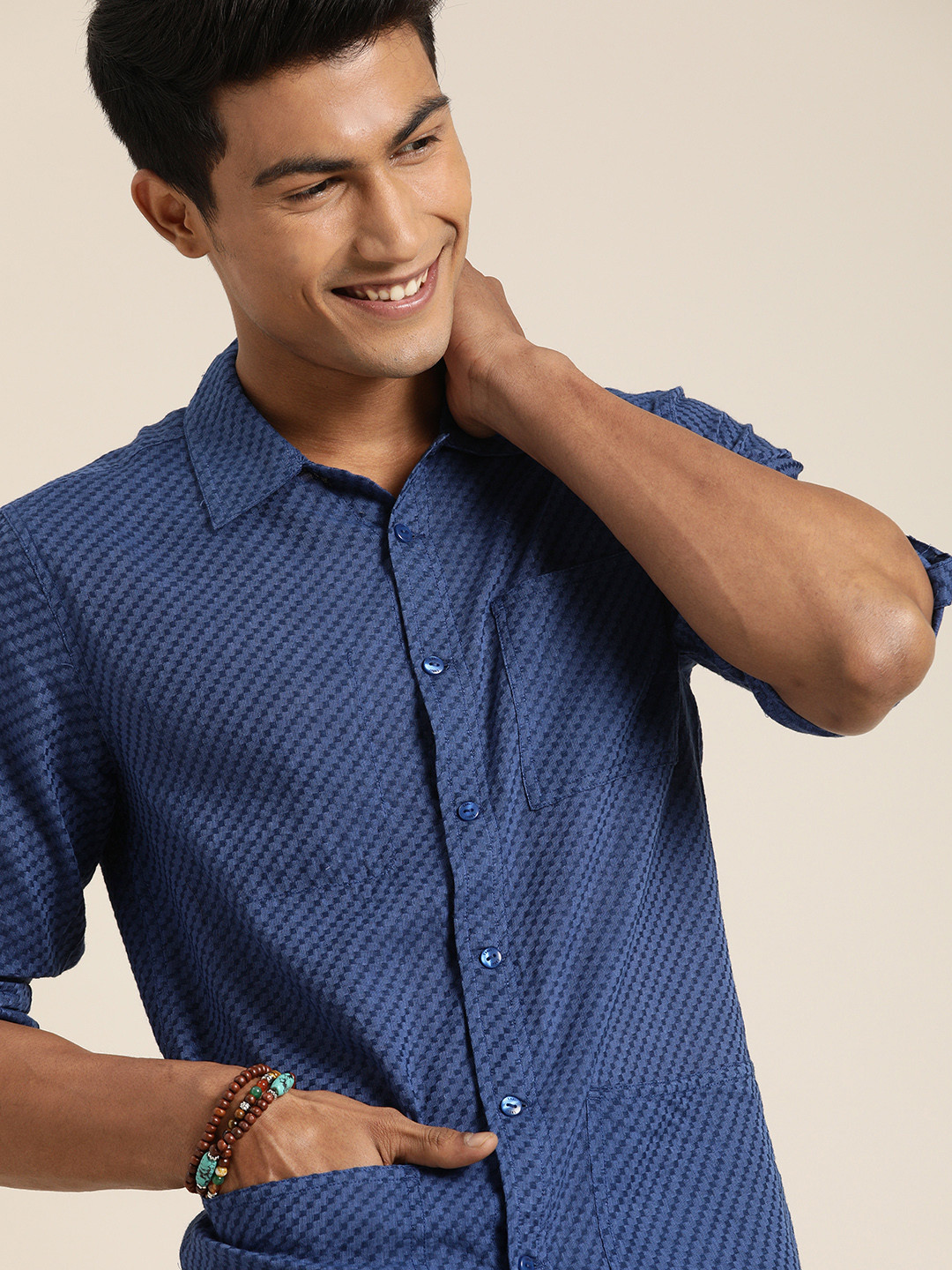 Buy Taavi Men Blue Regular Fit Geometric Patterned Woven Legacy Pure ...