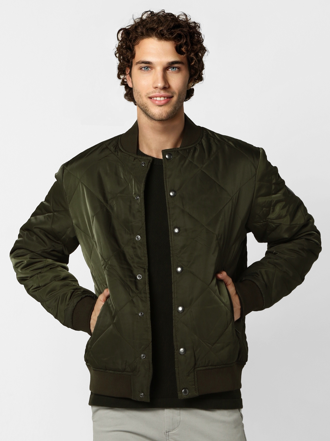 Buy Jack & Jones Men Olive Green Solid Quilted Jacket - Jackets for Men ...