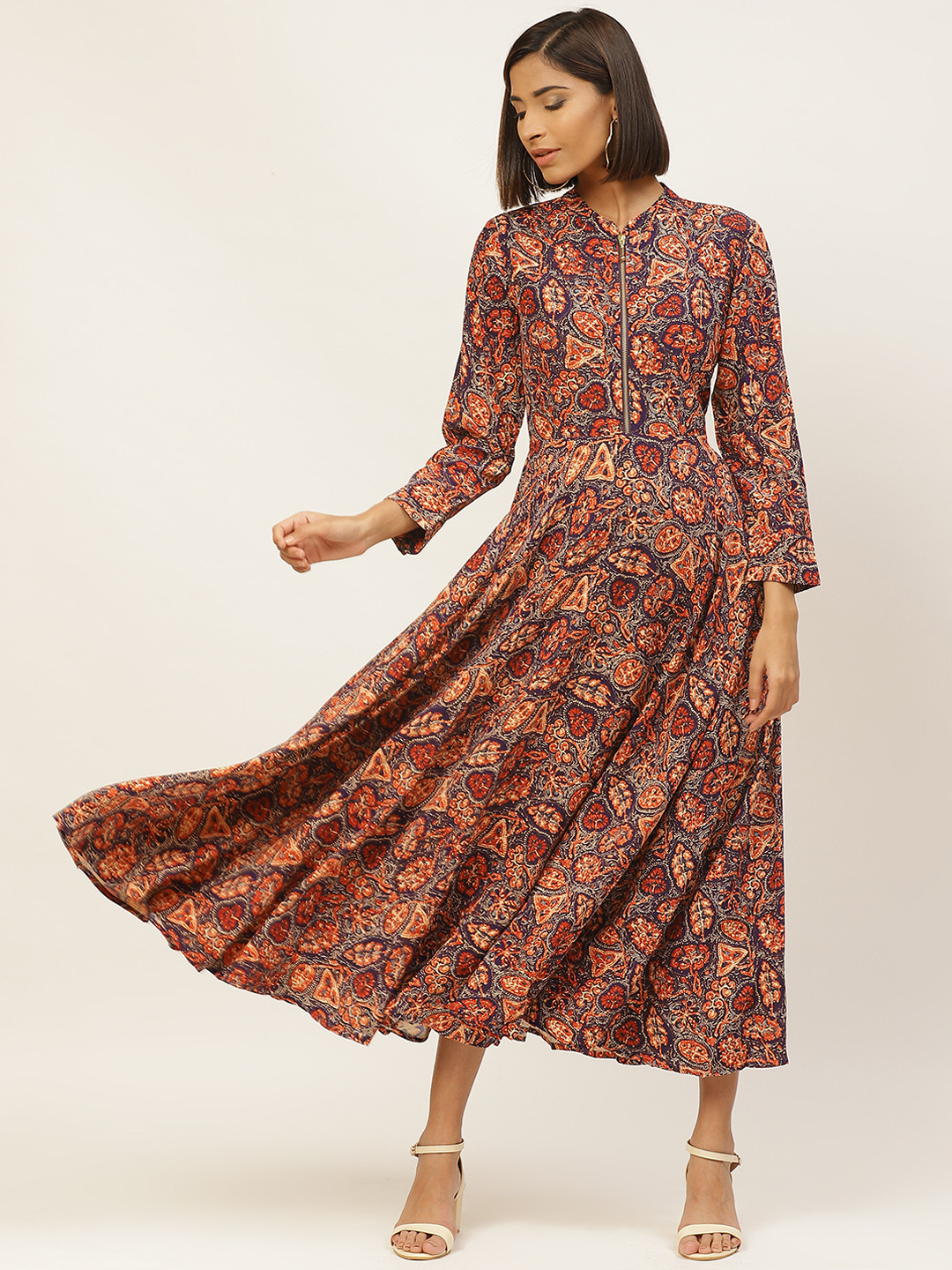 Buy Label Ritu Kumar Women Navy Blue & Rust Orange Printed Maxi Dress ...