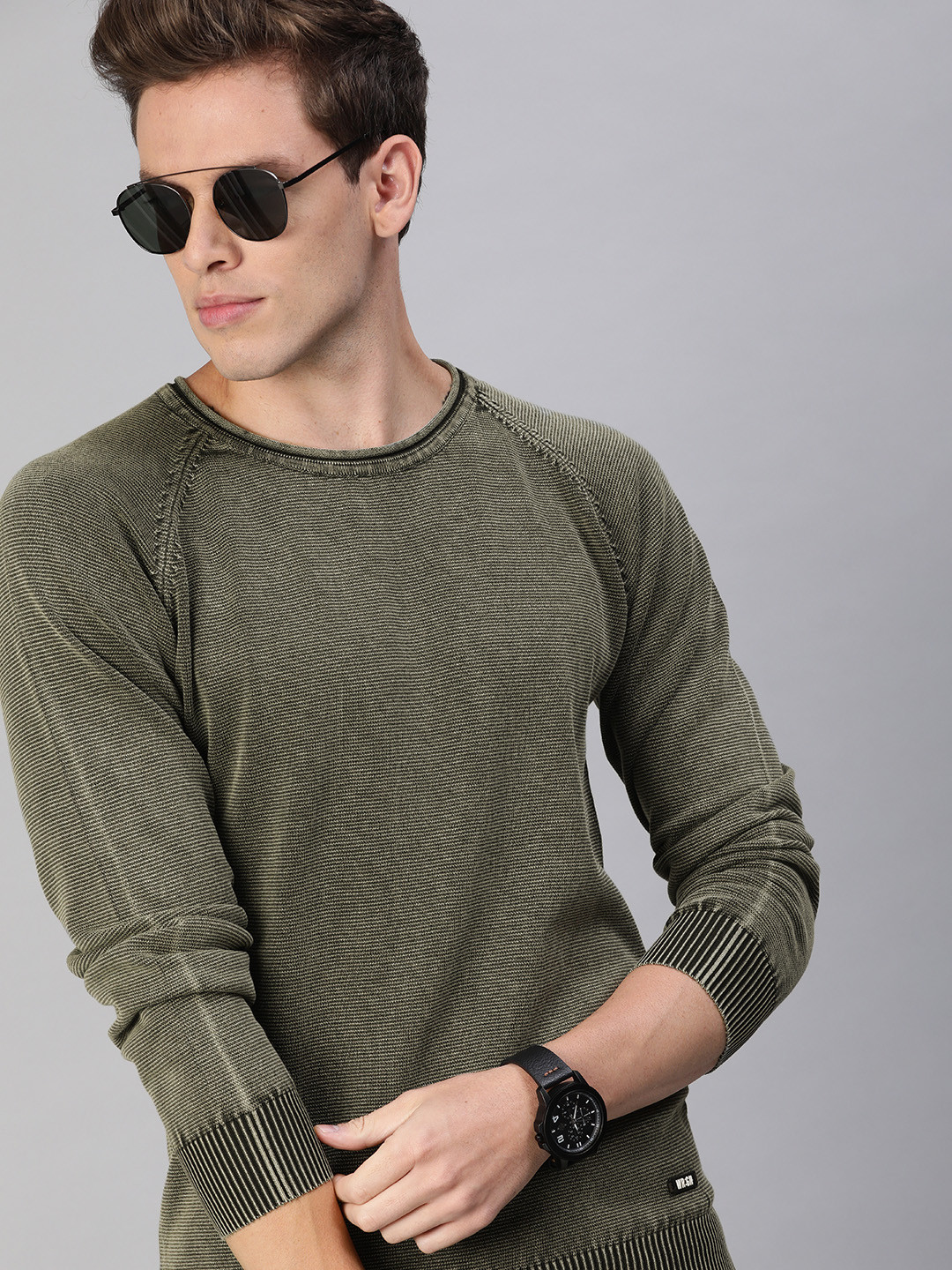 Buy WROGN Men Olive Green Solid Pullover Sweater - Sweaters for Men ...
