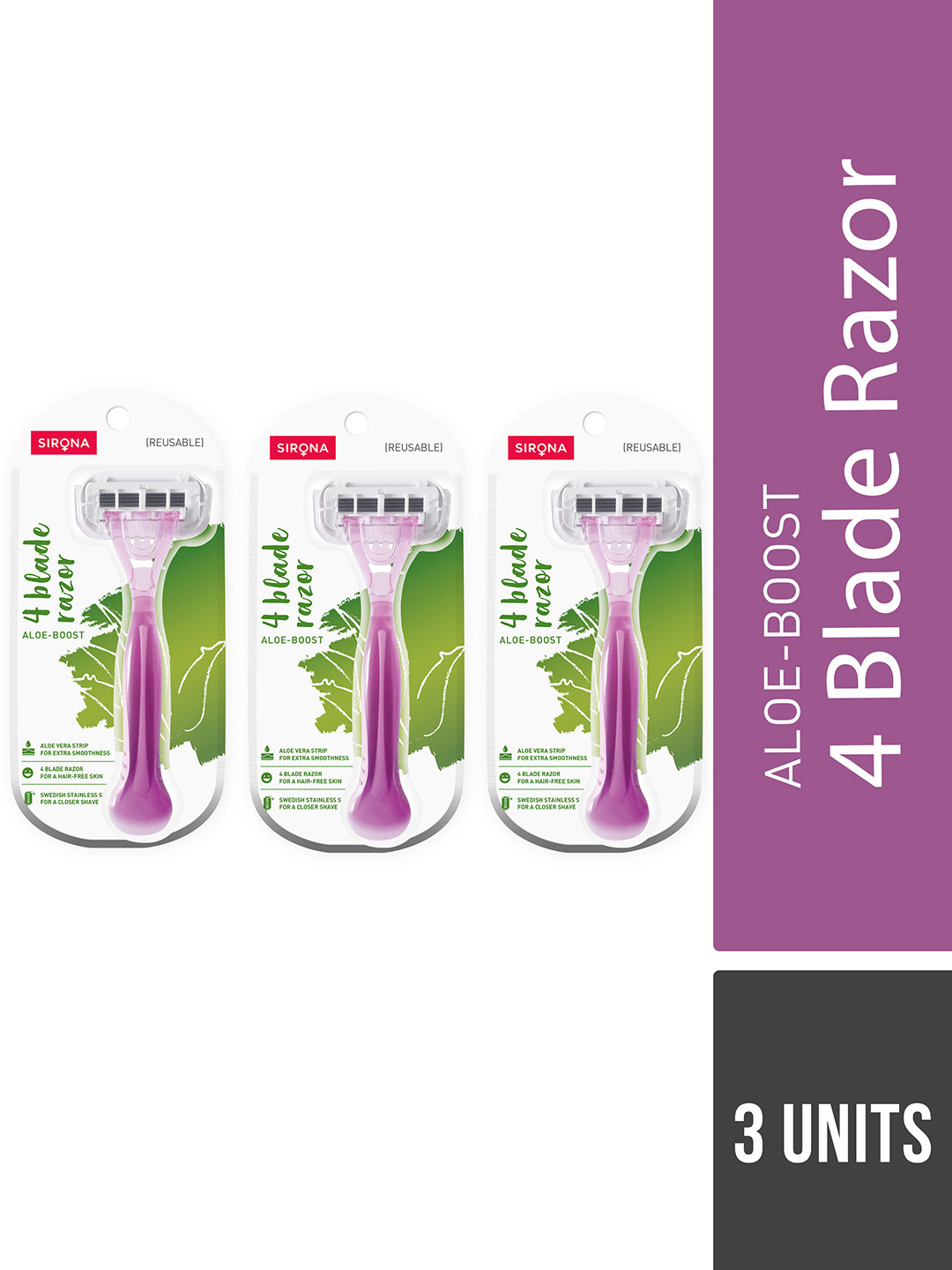 Buy Sirona Women Pack Of 3 Pink Reusable Hair Removal Razors With Aloe ...