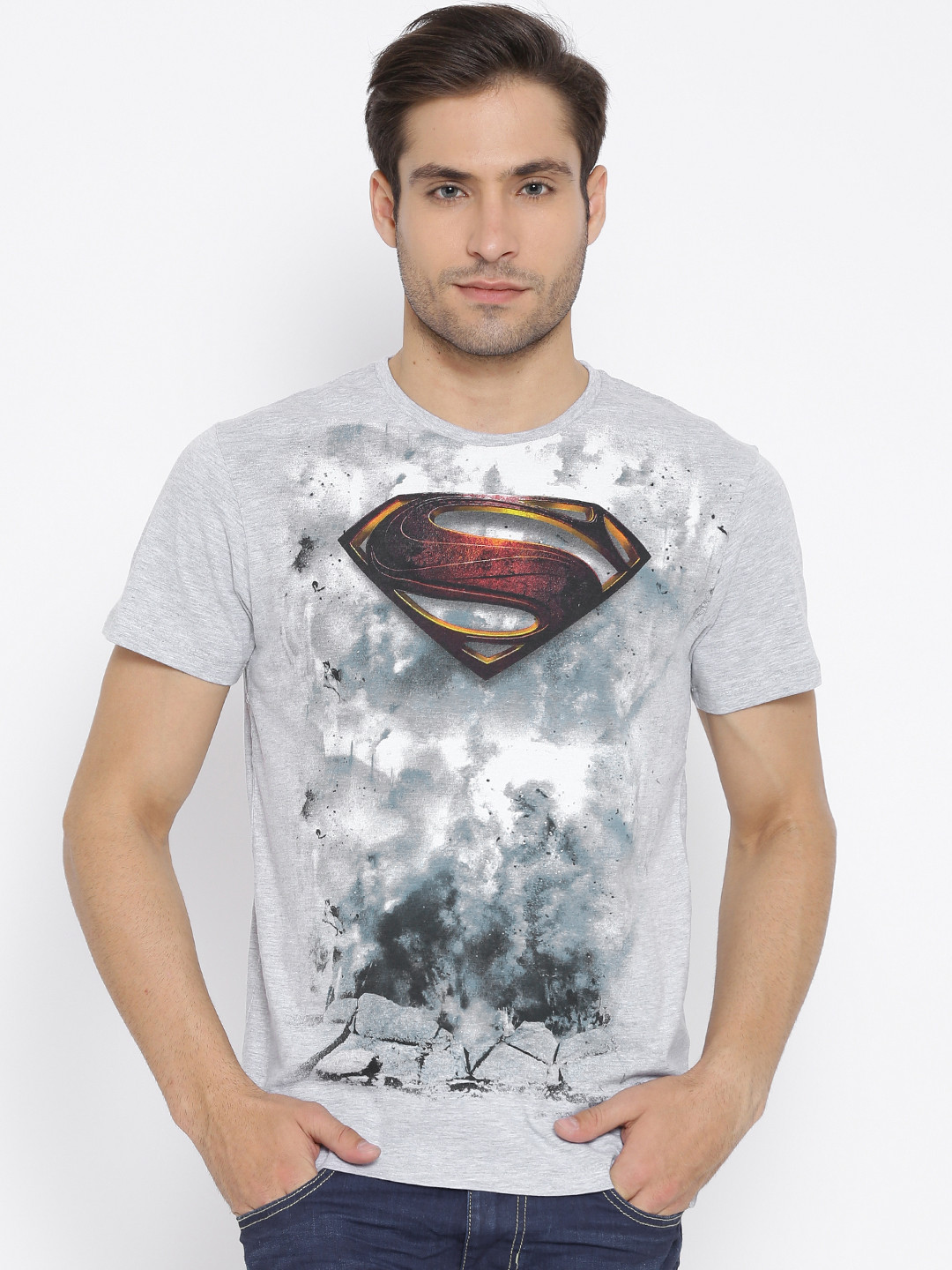 Buy Free Authority Men Grey Melange Superman Printed T Shirt - Tshirts ...