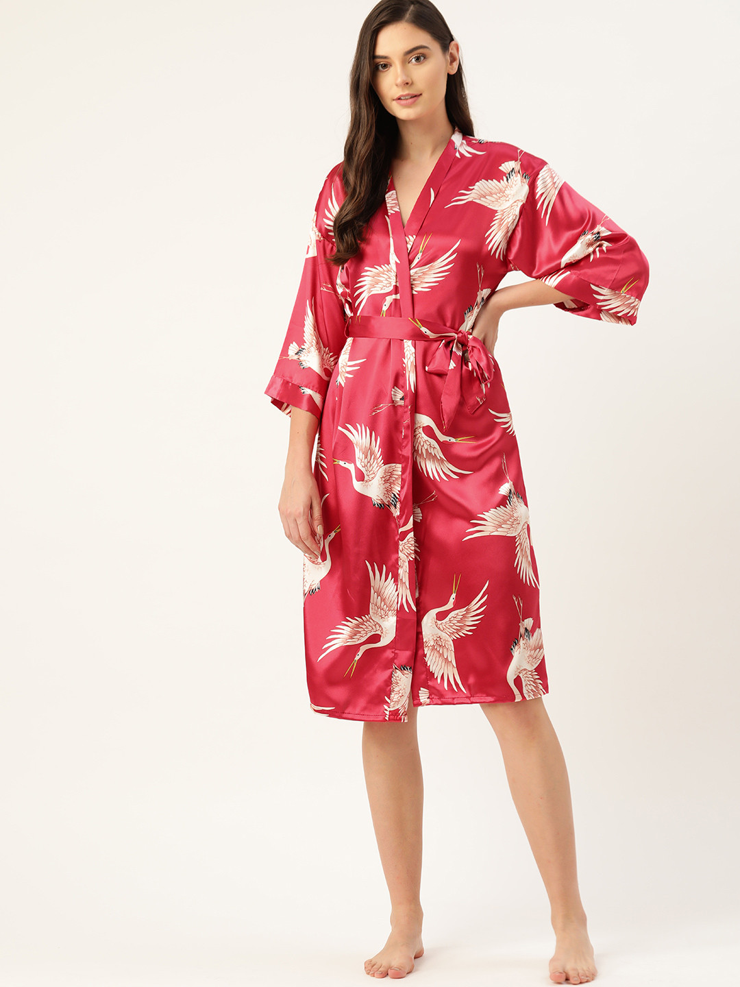 Buy ETC Women Red & Off White Satin Finish Bird Print Robe - Robe for ...