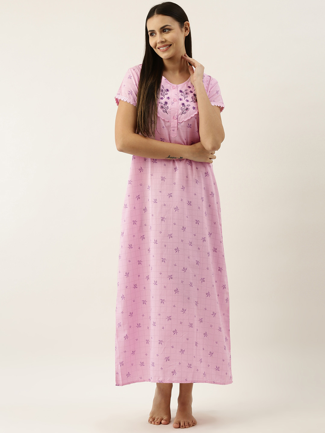 Buy ETC Women Pink & Purple Embroidered Floral Maxi Nightdress ...
