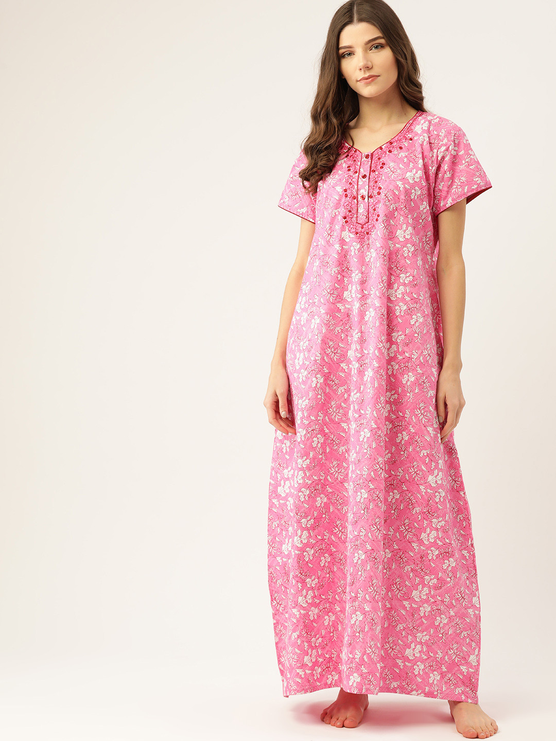 Buy ETC Pink & White Floral Printed Pure Cotton Maxi Nightdress ...