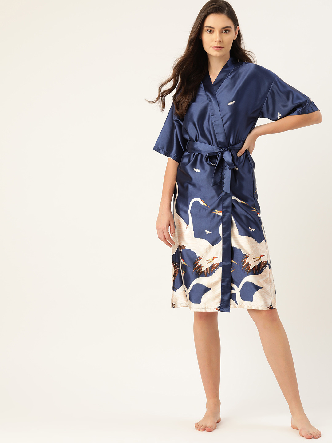Buy ETC Women Navy Blue & Off White Satin Finish Bird Print Robe - Robe ...