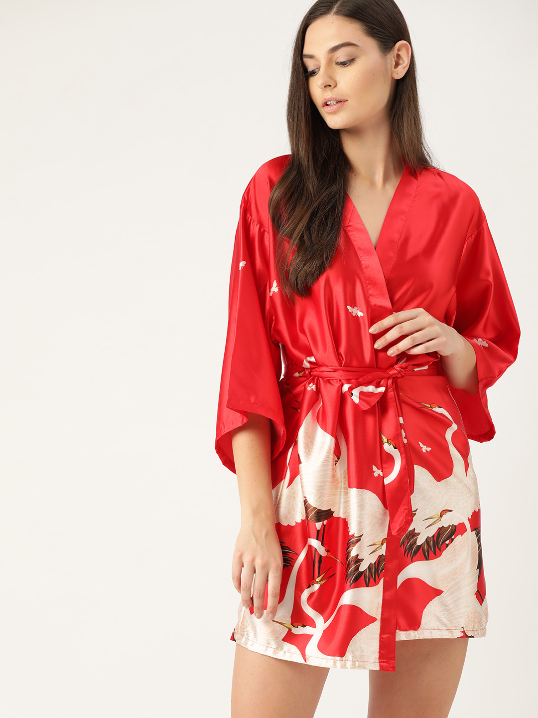 Buy ETC Women Red & Off White Swan Print Satin Finish Robe With Belt ...