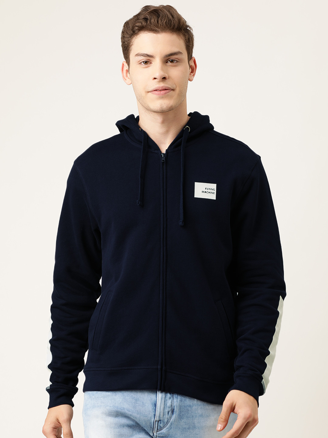 Buy Flying Machine Men Navy Blue Solid Hooded Front Open Sweatshirt ...