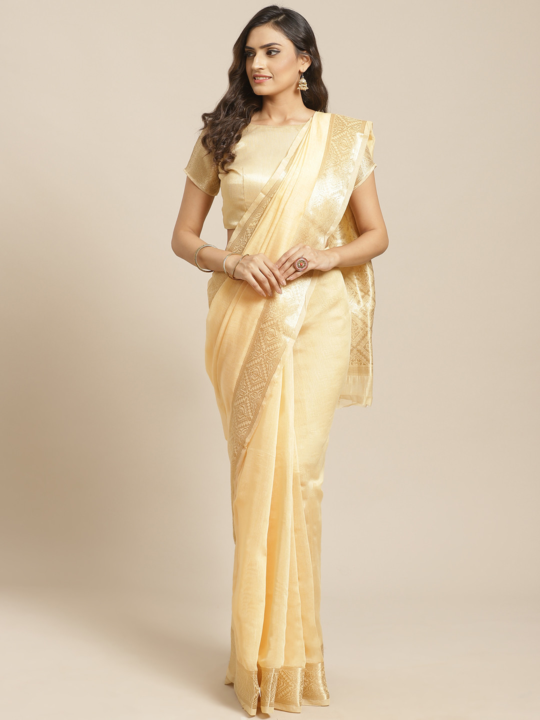 Buy Saree Mall Cream Coloured & Golden Linen Blend Woven Design Saree ...