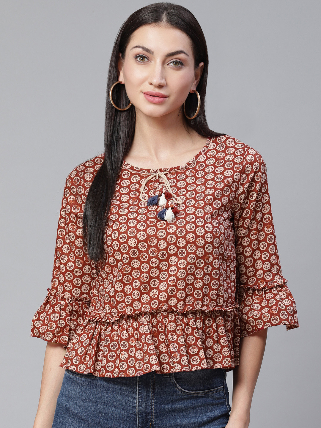 Buy Biba Women Rust Red & Off White Ajrakh Print A Line Pure Cotton Top ...
